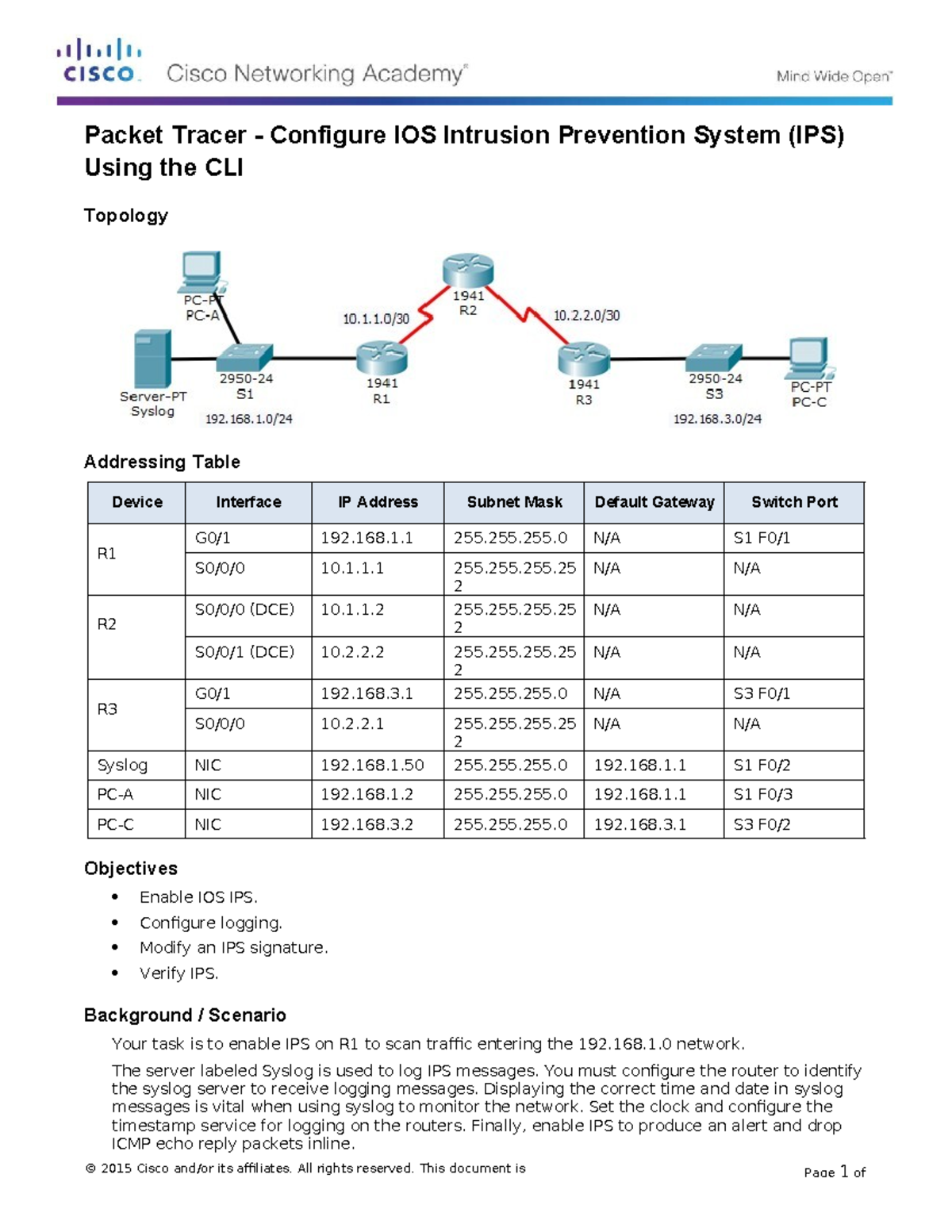 5.4.1.2 Packet Tracer - Configure IOS Intrusion Prevention System (IPS) Using CLI - © 2015 Cisco ...