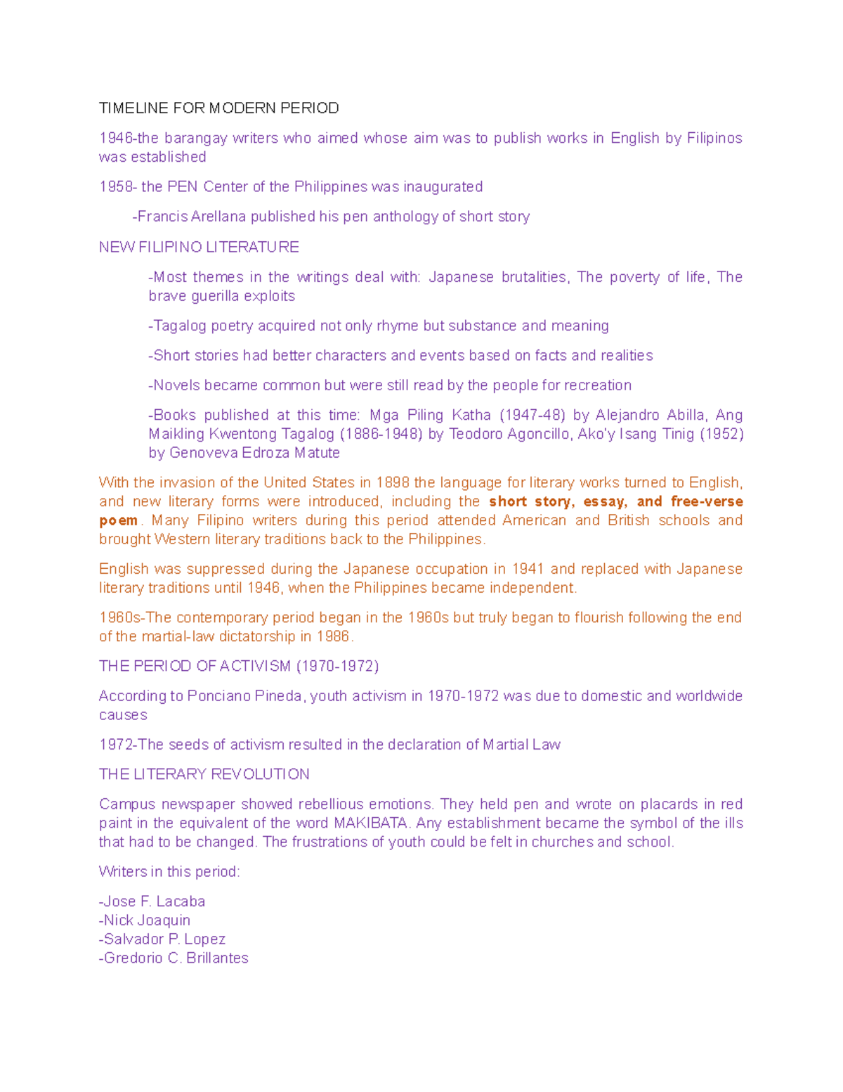 Timeline FOR Contemporary Period - TIMELINE FOR MODERN PERIOD 1946-the ...