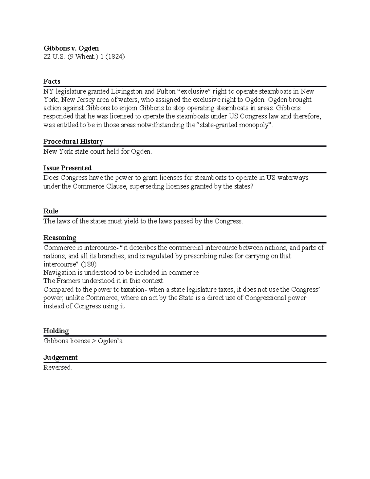 Gibbons v Ogden - Case brief - Gibbons v. Ogden 22 U. (9 Wheat.) 1 ...