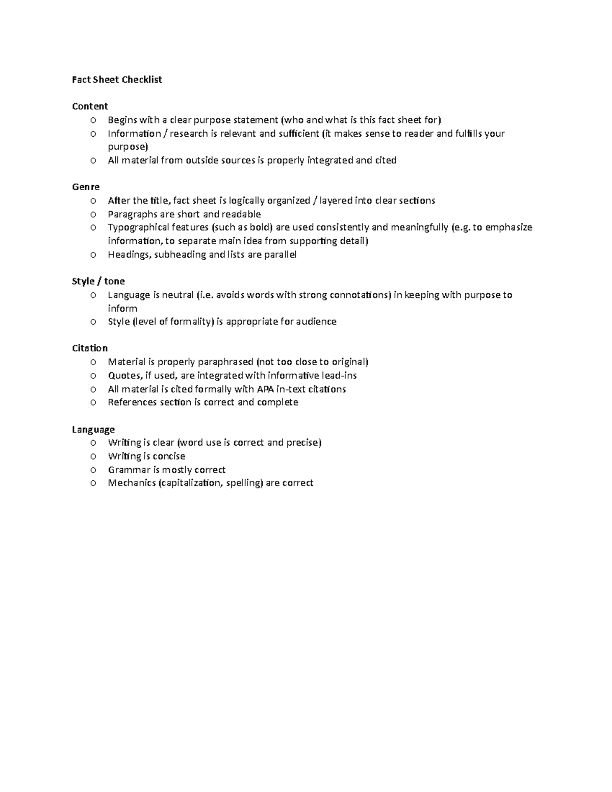 Fact Sheet Grading Checklist - Fact Sheet Checklist Content o Begins ...