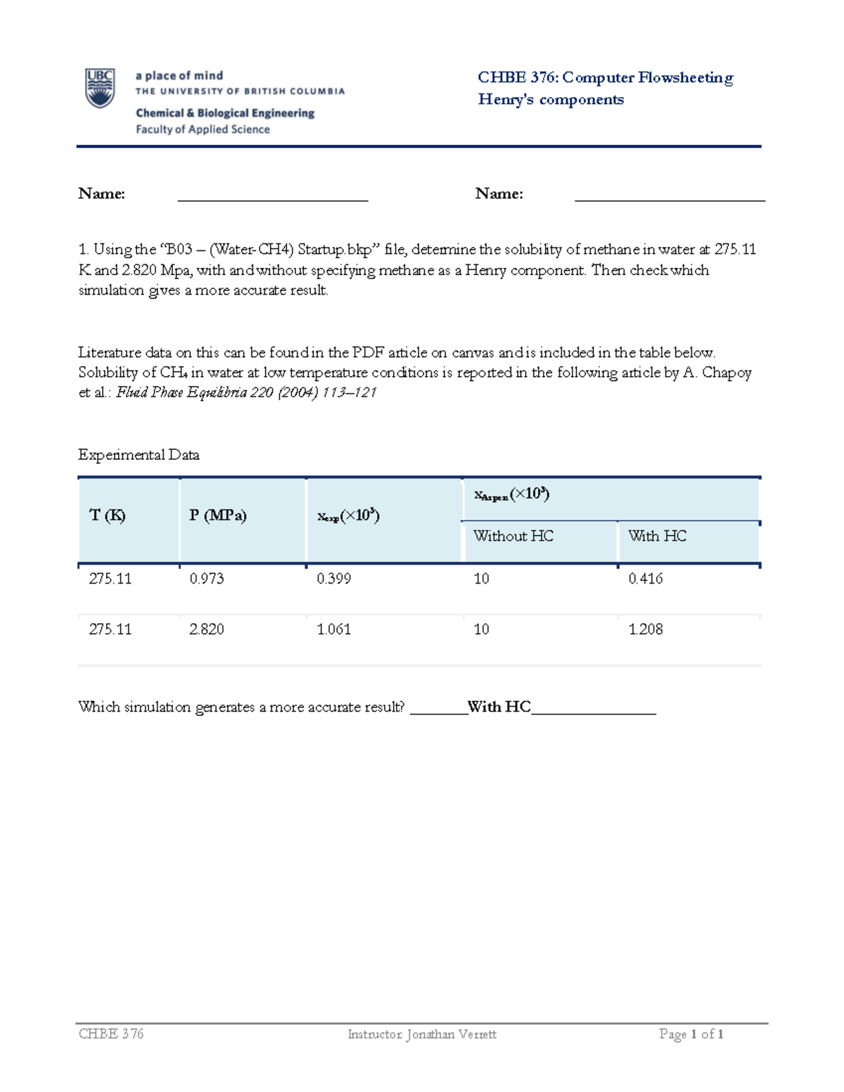 W4 Henry components - Worksheet 4 - CHBE 376 Instructor: Jonathan Verrett Page 1 of 1 CHBE 376 ...