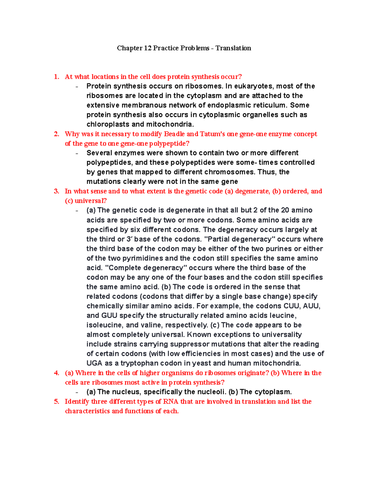 Genetics Chapter 12 Practice Problems - Translation - Chapter 12 Practice Problems - Translation ...