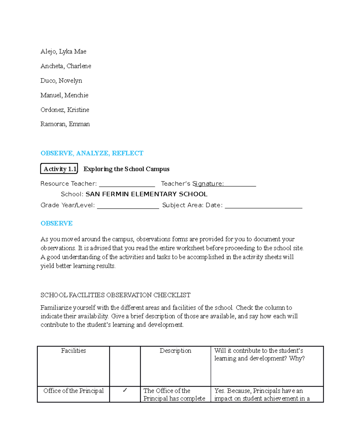 Observe- Analyze- Reflect - Alejo, Lyka Mae Ancheta, Charlene Duco ...