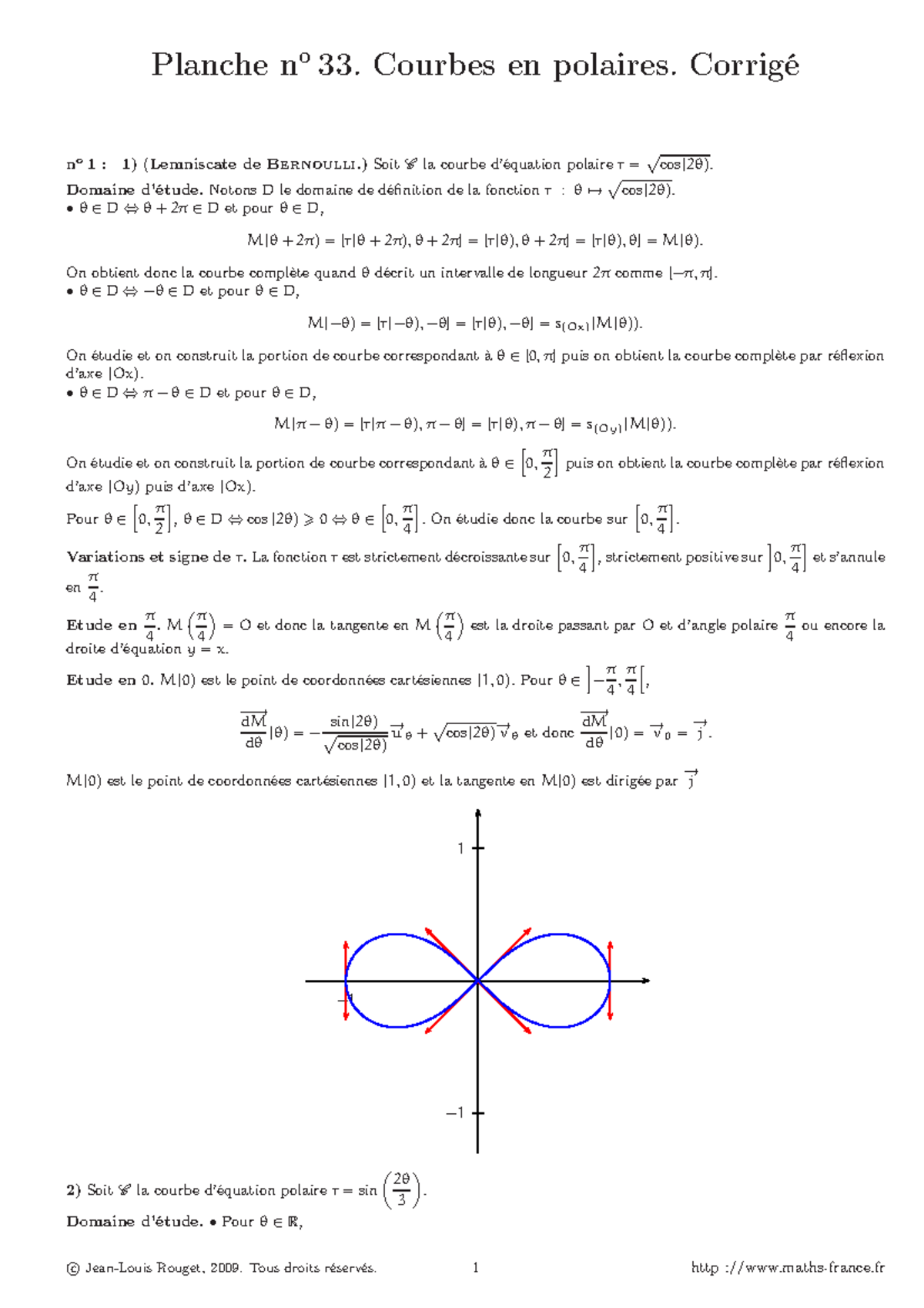 33 Courbes En Polaires Corrige - Planche n o 33. Courbes en polaires. Corrigé n o 1 : 1 ...