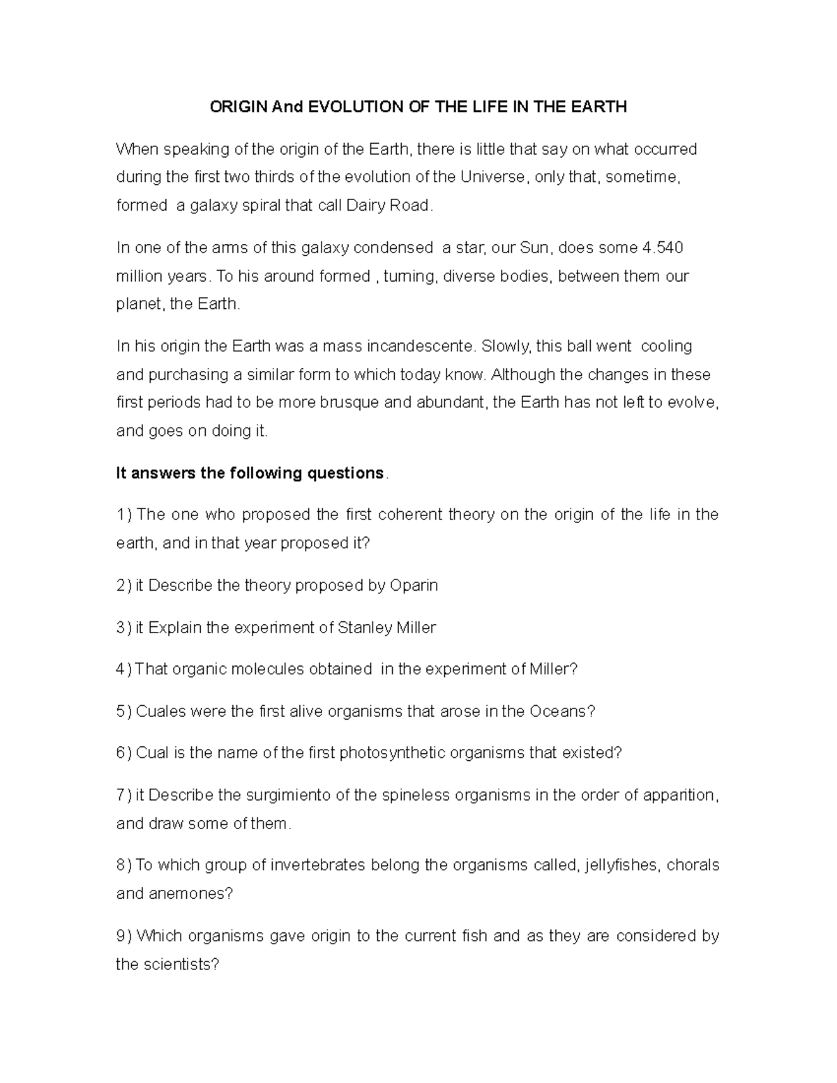 Origin And Evolution OF THE LIFE IN THE Earth - ORIGIN And EVOLUTION OF ...