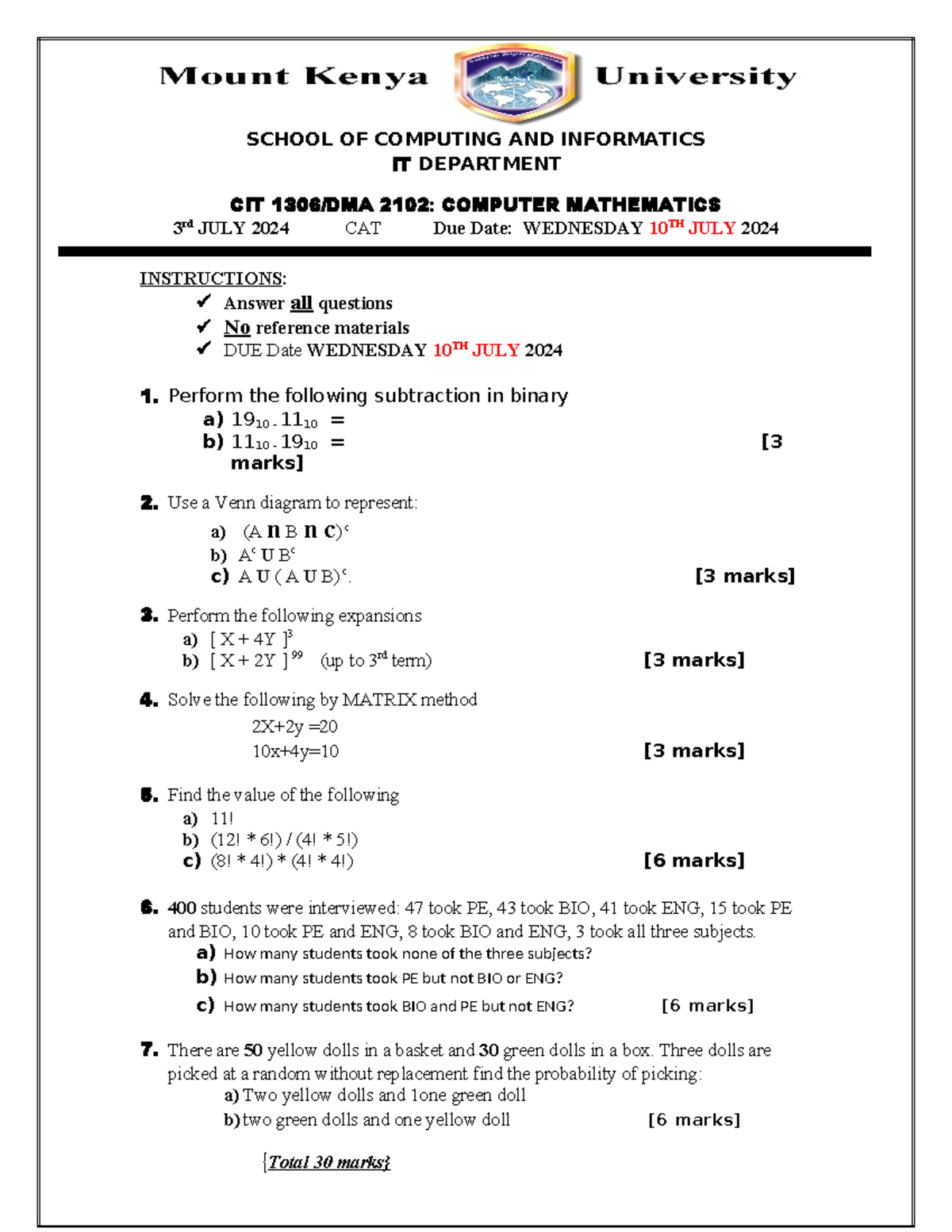 DMA 2102 Computer Maths CAT ASSIGNMENTS ON INFORMATION TECHNOLOGY MAY - SCHOOL OF COMPUTING AND ...