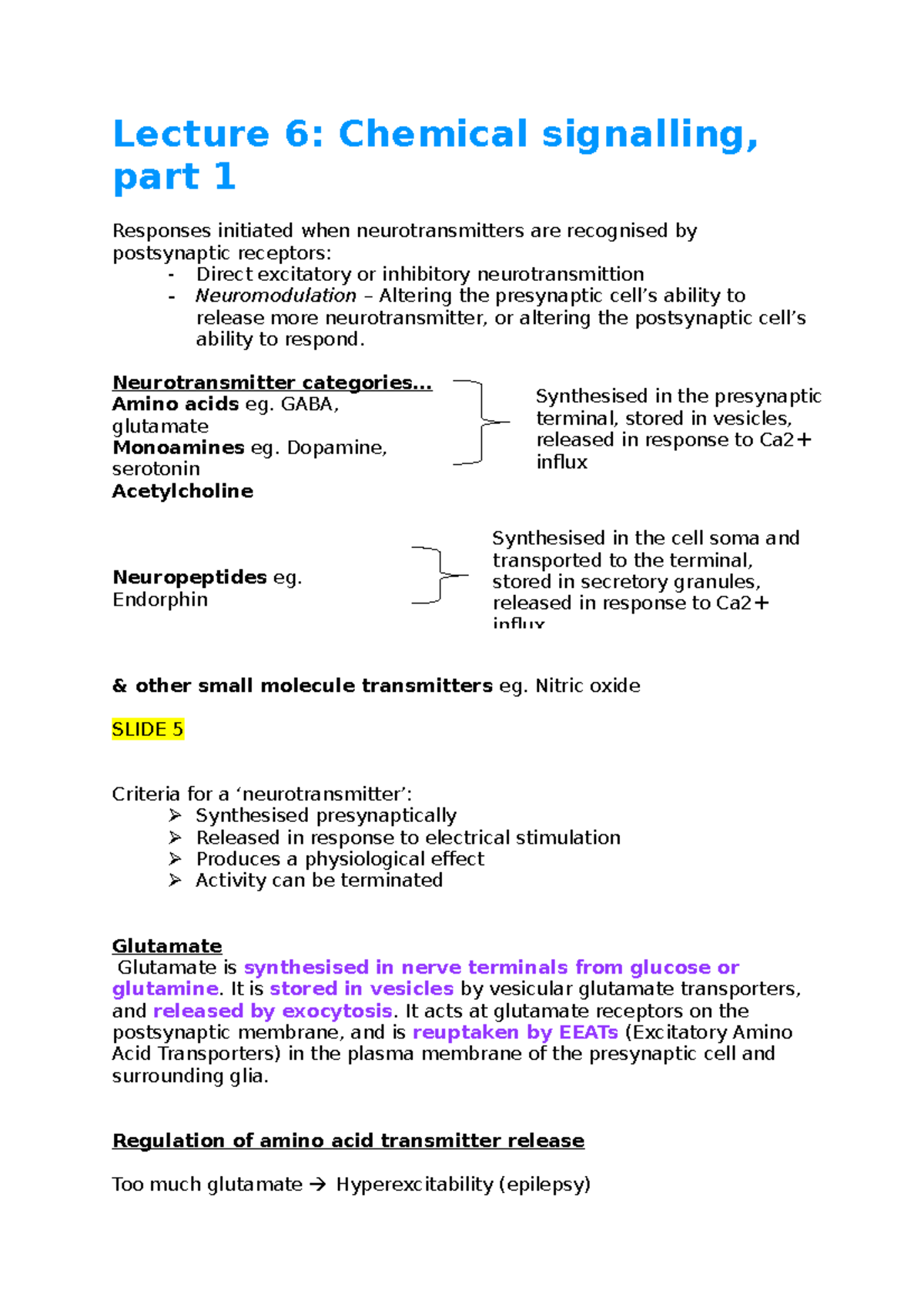 Lecture 6- Chemical signalling, part 1 - Lecture 6: Chemical signalling ...