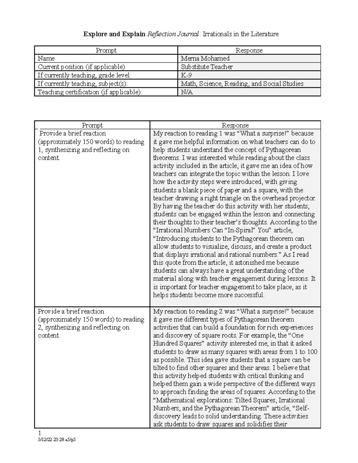 Explore and Explain Reflection Journal Irrationals in the Literature ...