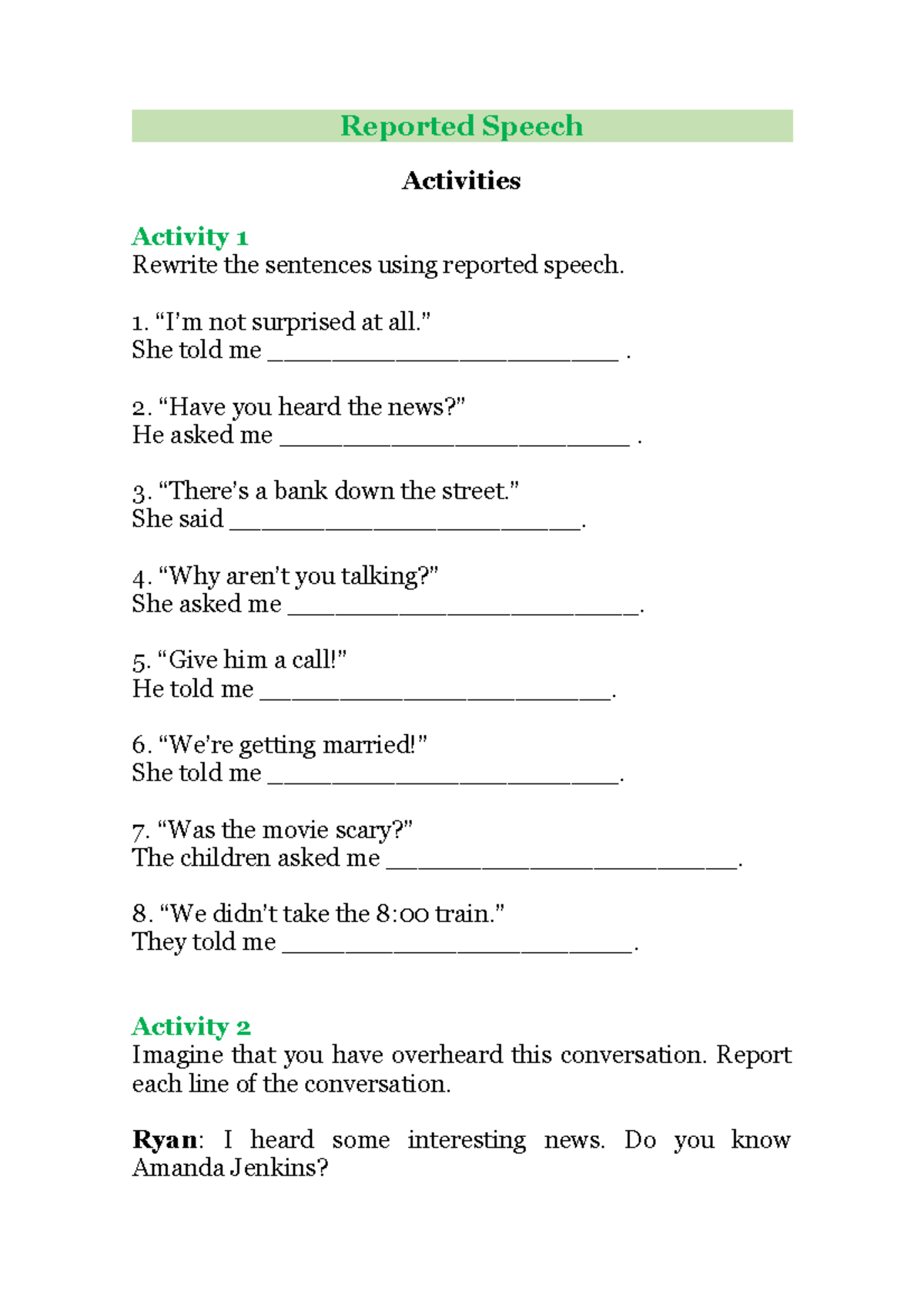 Reported Speech - Activities - Reported Speech Activities Activity 1 ...