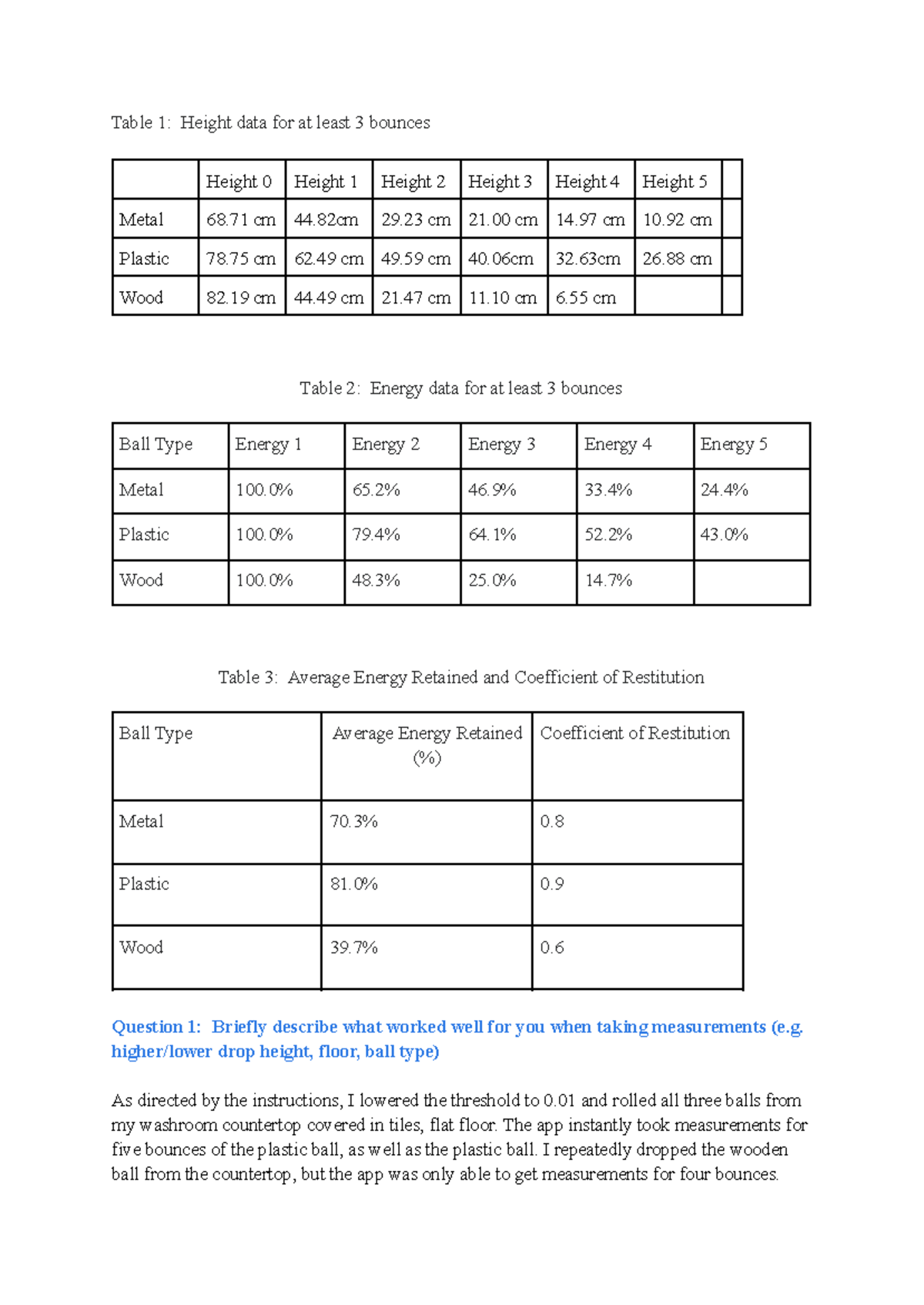 Phys lab 2 - lab - Table 1: Height data for at least 3 bounces Height 0 ...