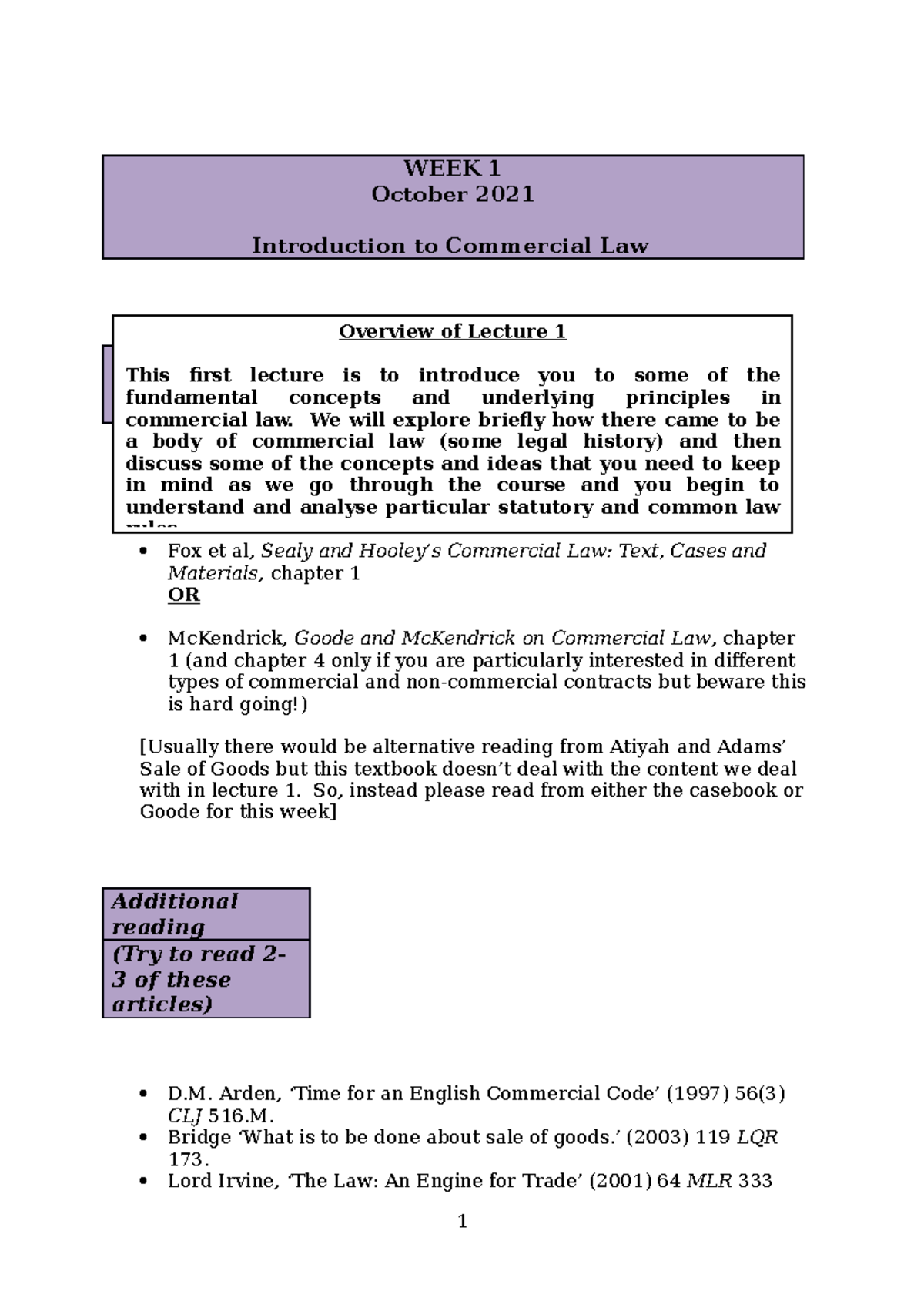 Commercial Law Lecture 1 Handout Durham Uni - LAW2241 - DUR - Studocu