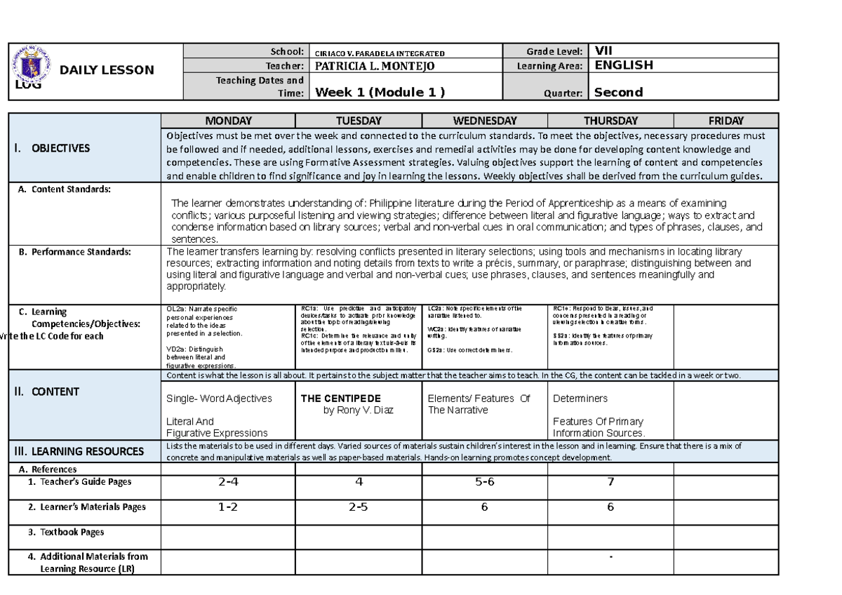 DLL 2nd Quarter wk1 - Aefrgregrgrrgeqbvb - DAILY LESSON LOG School: CIRIACO V. PARADELA ...