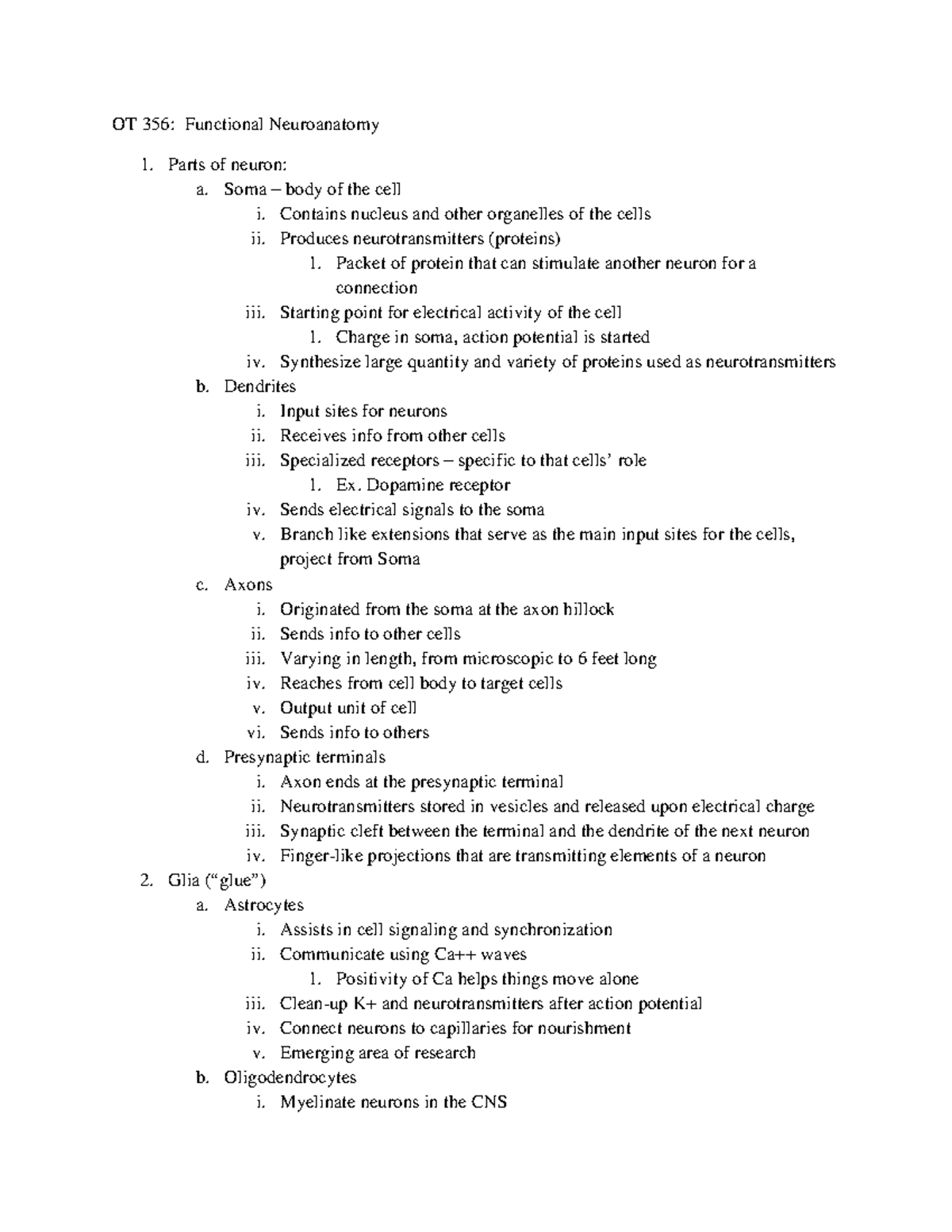 OT 356 Functional Neuroanatomy Study Notes - Soma – body of the cell i ...
