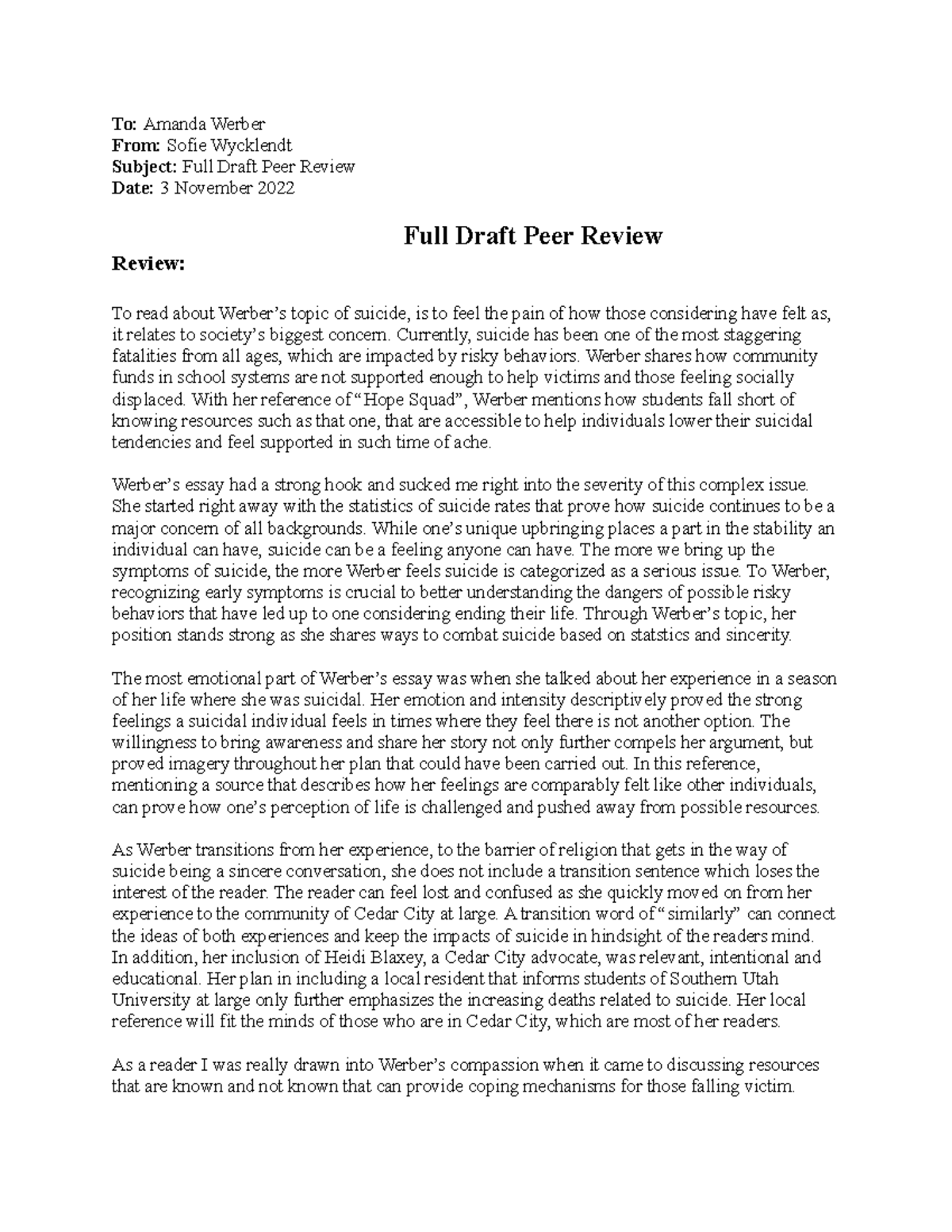 Full Draft Review Amanda Werber - To: Amanda Werber From: Sofie ...