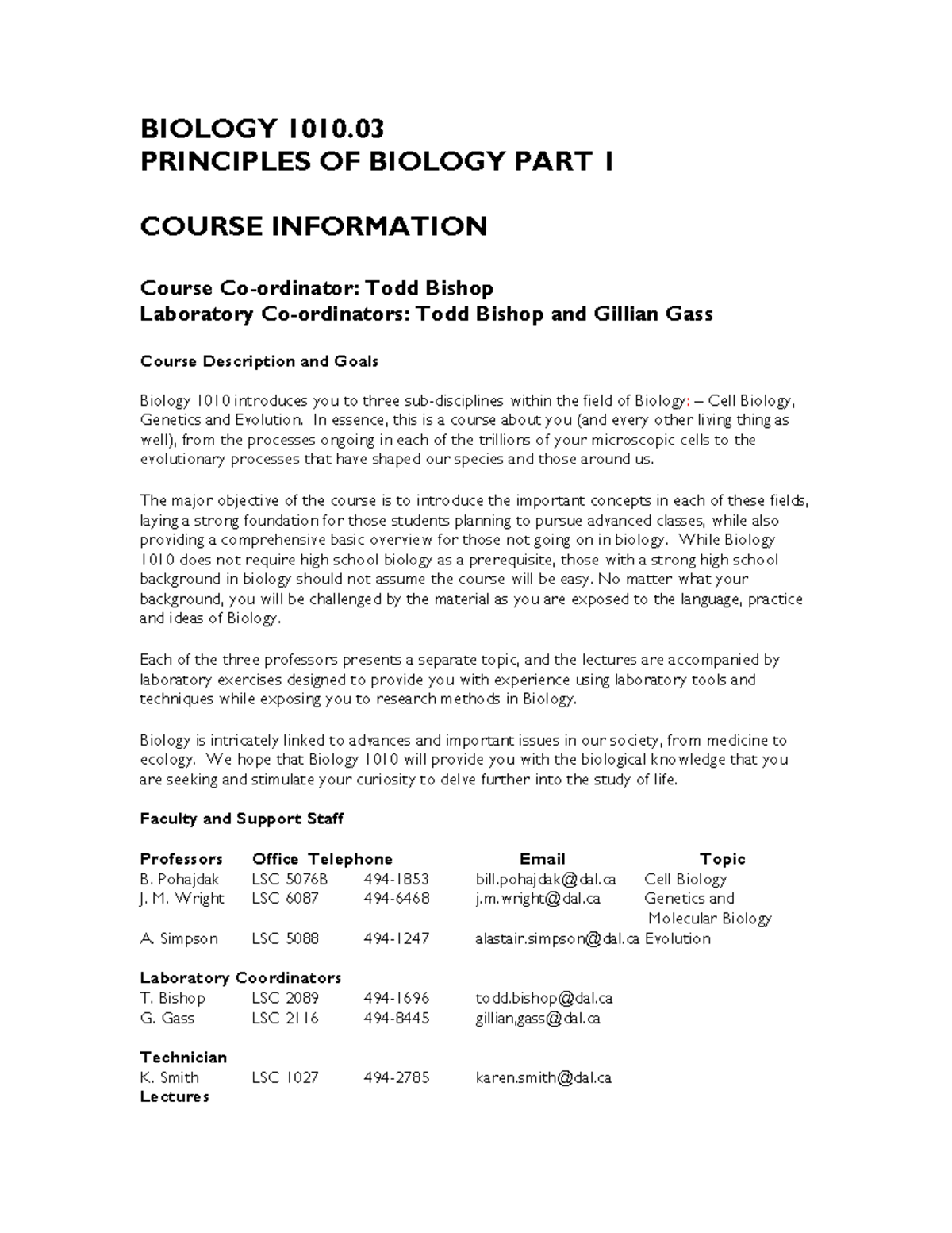 BIOL1010Fgen-2012 - Fall Outline - BIOLOGY 1010. PRINCIPLES OF BIOLOGY ...