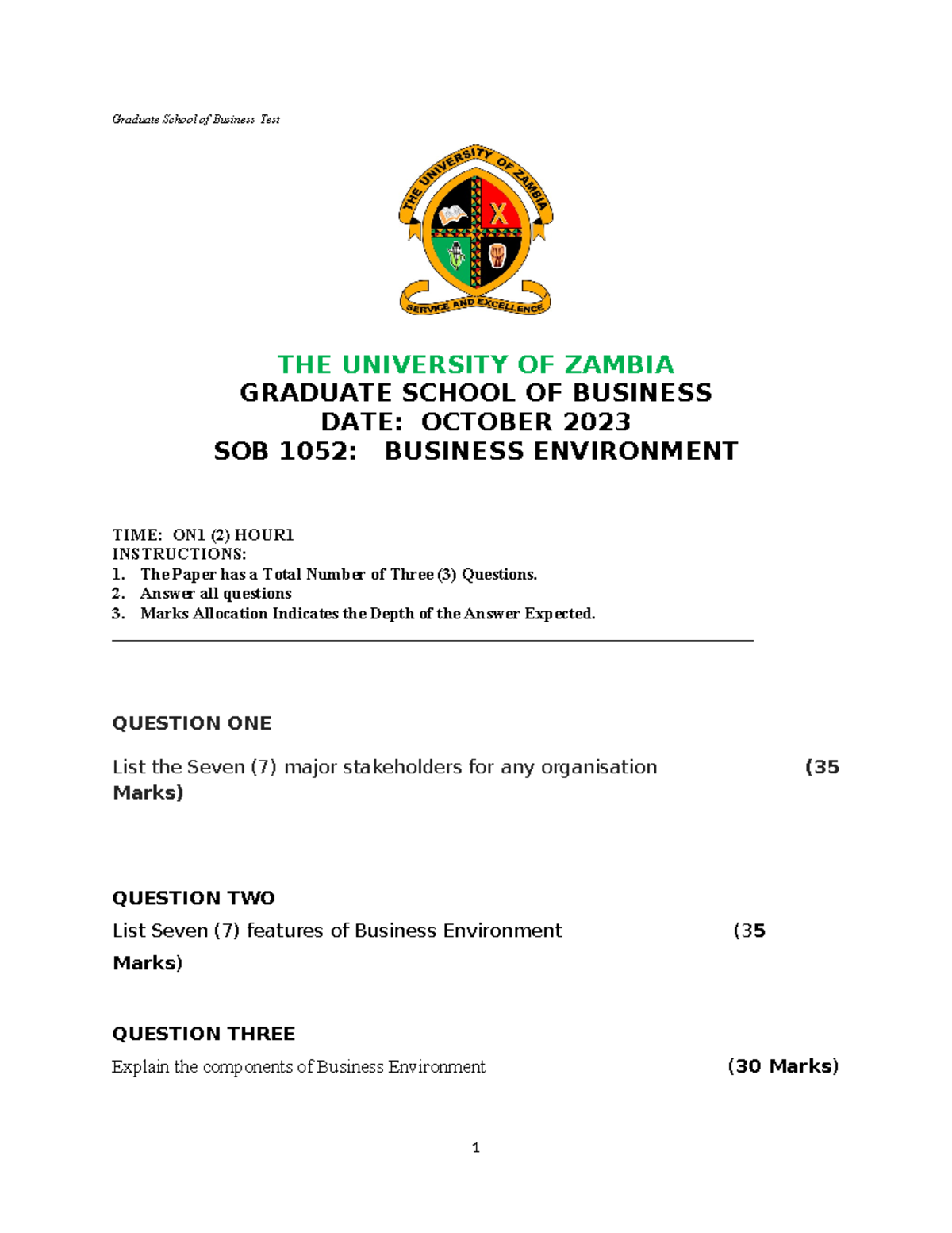 First TEST unza BE - practice questions - Graduate School of Business ...