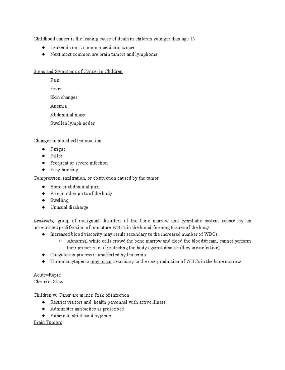 NUR 131 Exam 4 - Lecture notes 4 - Childhood cancer is the leading ...