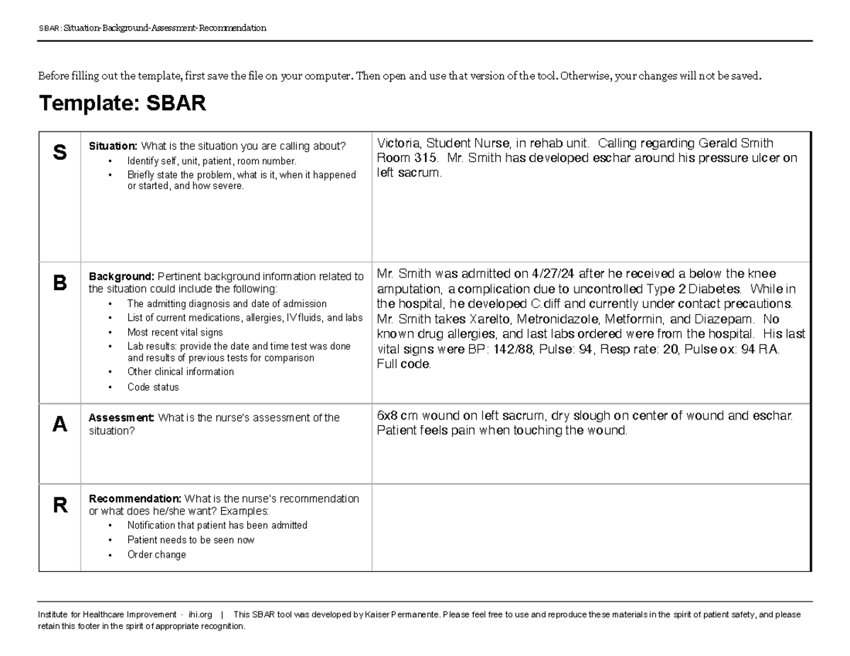SBAR Clinical - SBAR: Situation-Background-Assessment-Recommendation ...