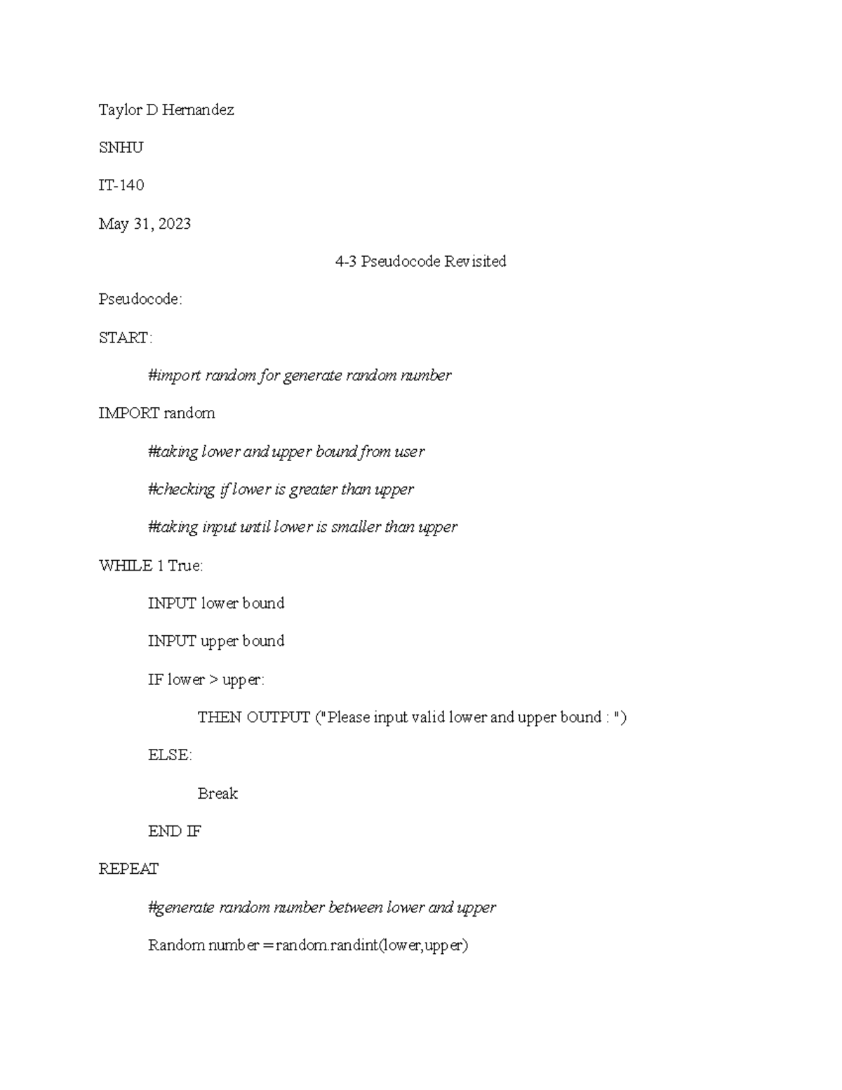 Assignment 4 3 Psuedocode Revisited Taylor D Hernandez Snhu It May