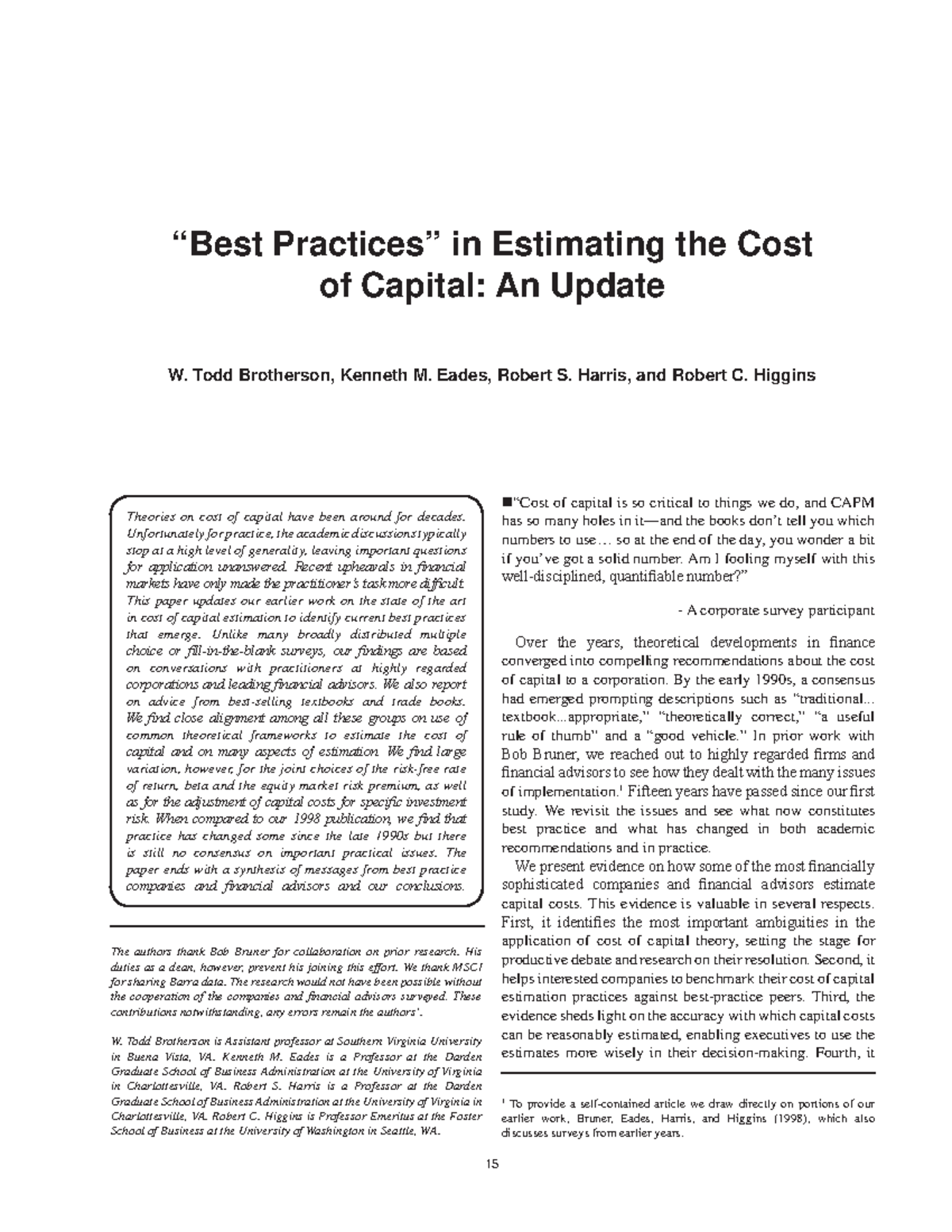 Best Practices Est WACCupdate - BROTHERSON ET AL. ñ ìBEST PRACTICESî IN ESTIMATING THE COST OF ...