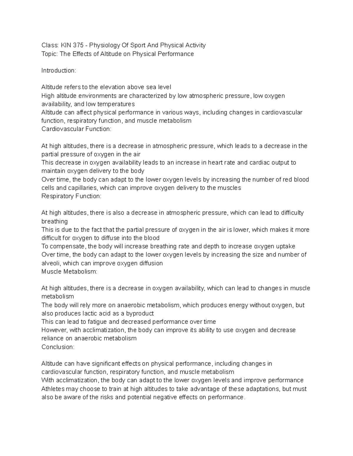 Class KIN 375 - Physiology Of Sport And Physical Activity - Studocu