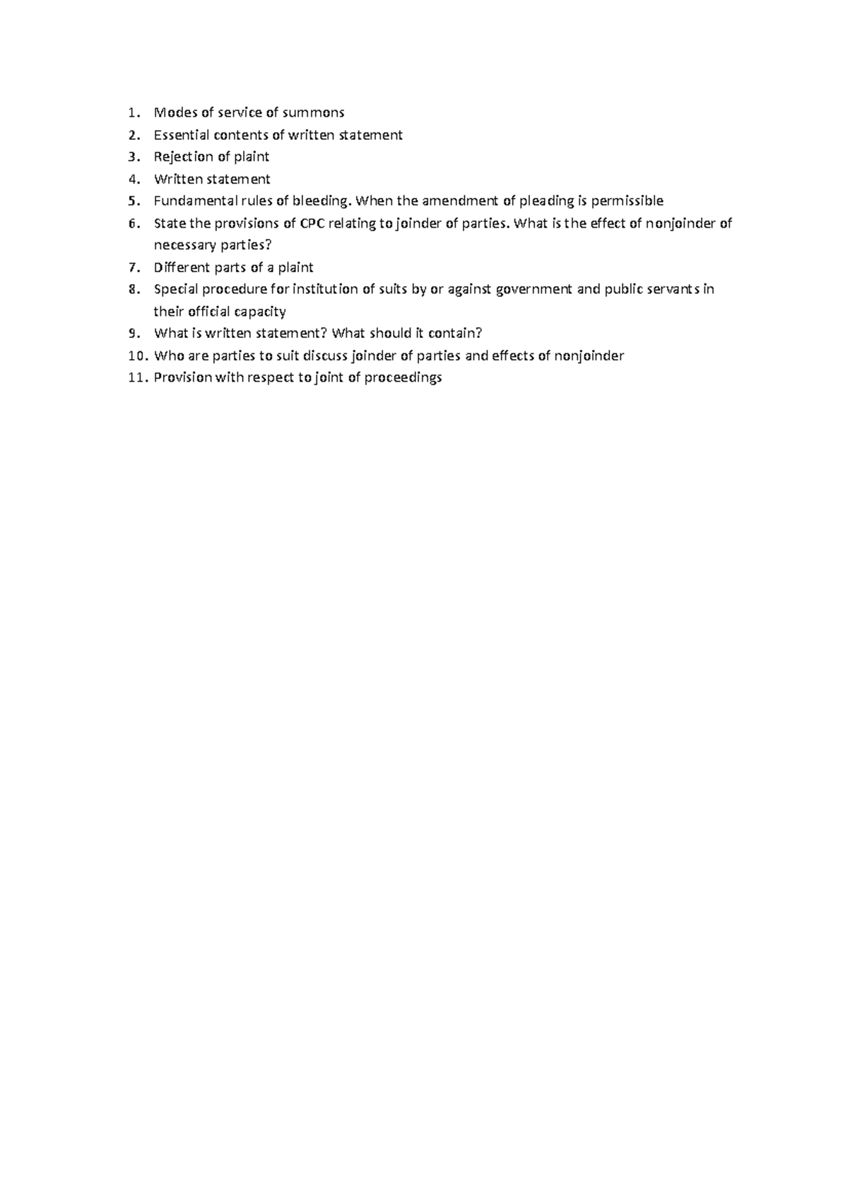 CPC UNIT 2 Questions - Modes of service of summons Essential contents ...