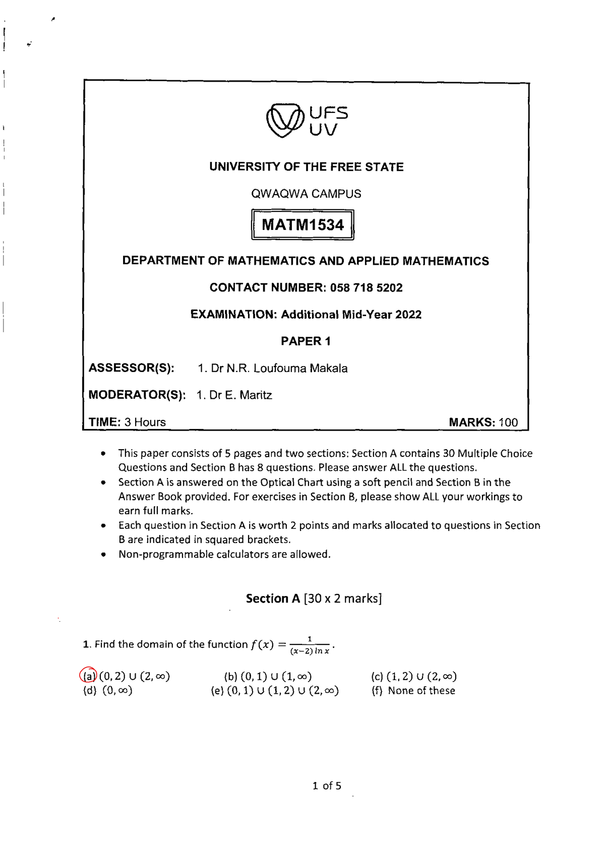 2022 Main Mid-Year Exam - UFS UV UNIVERSITY OF THE FREE STATE QWAQWA ...