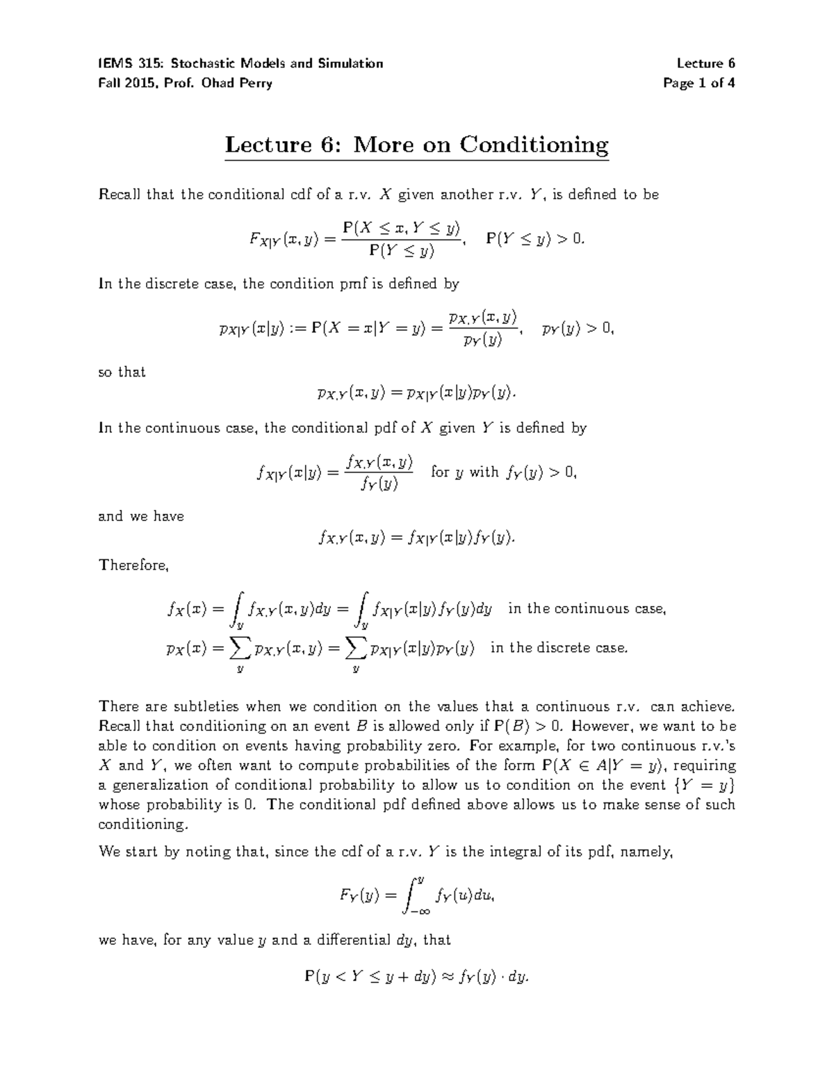 315 Lec6 Lecture Notes 6 Stochastic Models And Simulation Iems