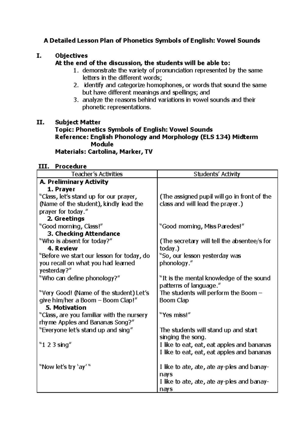 A Detailed Lesson Plan of Phonetics Symbols of English (1) - Objectives ...
