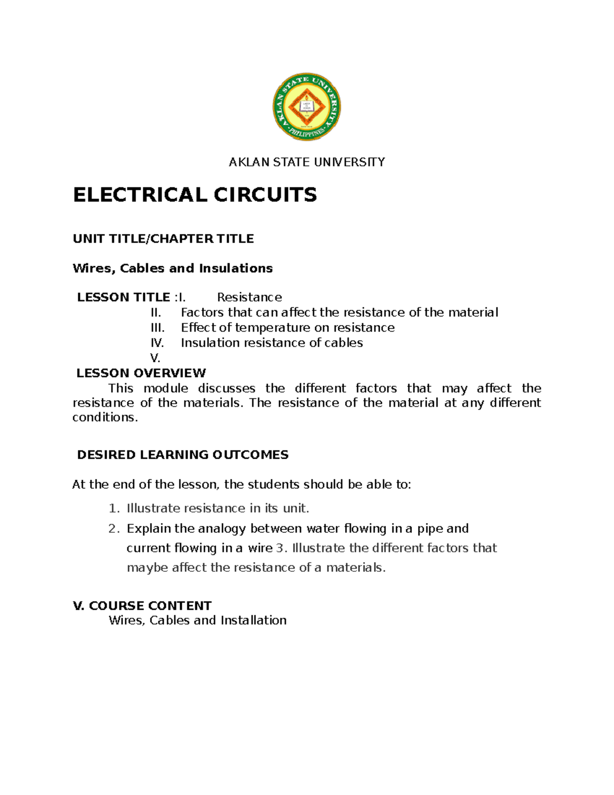 Electrical Circuits 1- Wires, Cables and Insulations - AKLAN STATE ...