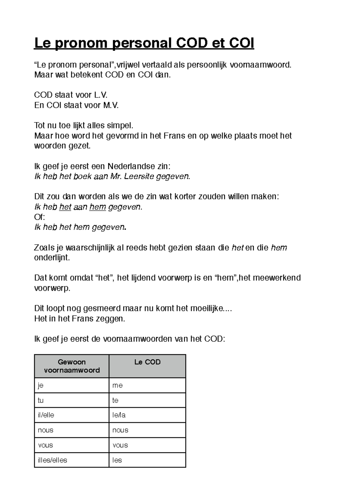 Cod coi - Le pronom personal COD et COI “Le pronom personal”,vrijwel ...