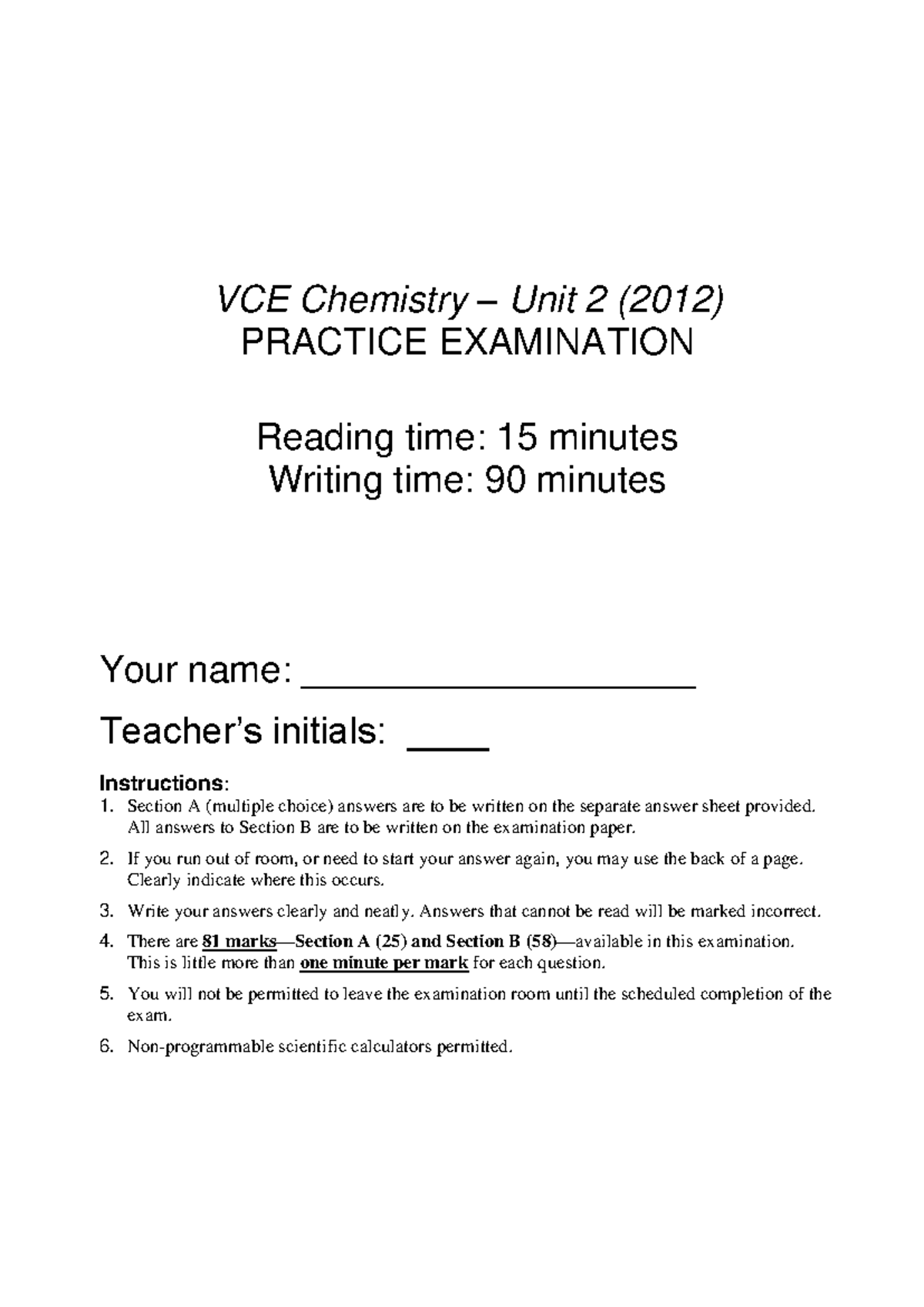 2012 dynamics unit 2 - Chem - VCE Chemistry – Unit 2 (2012) PRACTICE ...