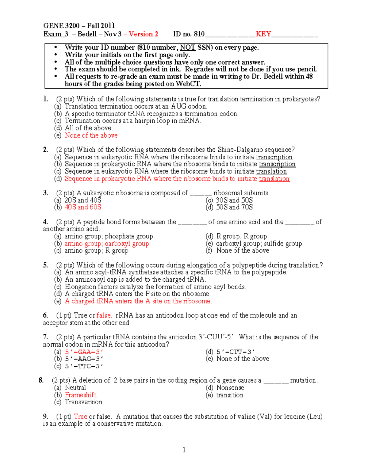 2011 Fall - Exam 3 Key - Exam_3 – Bedell – Nov 3 – Version 2 ID no ...