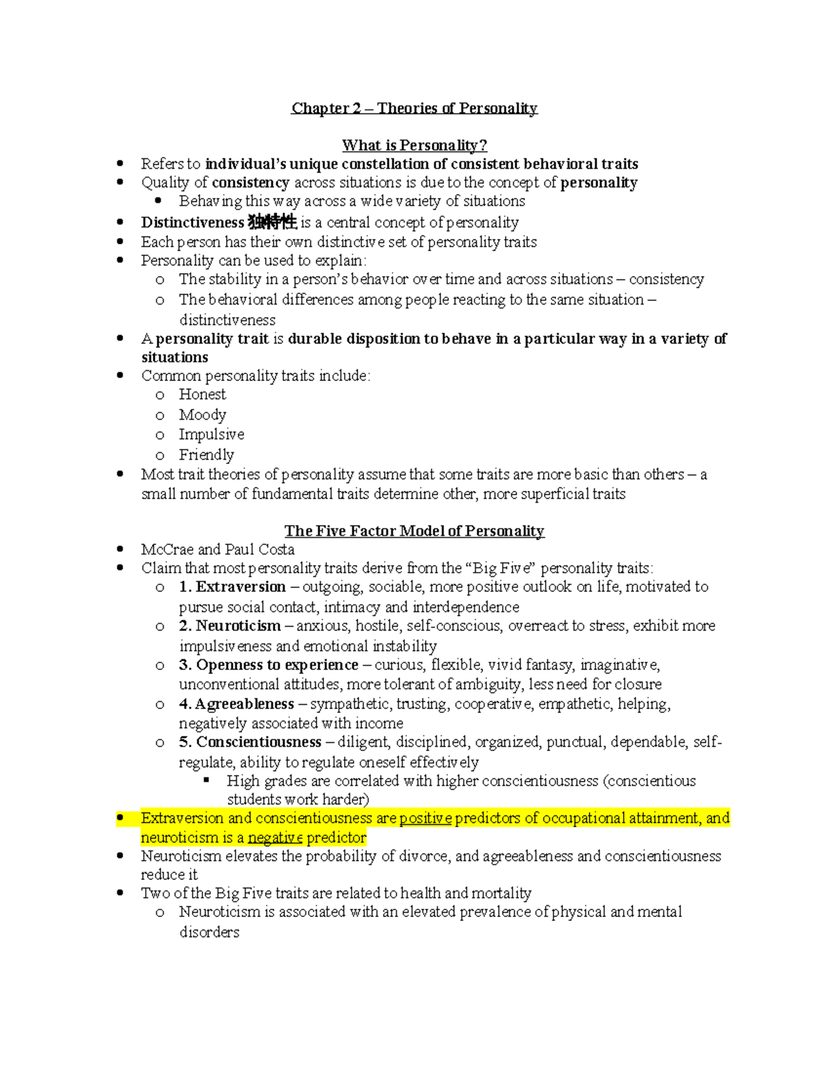 Chapter 2 and 6 Notes about understanding yourself - Chapter 2 ...