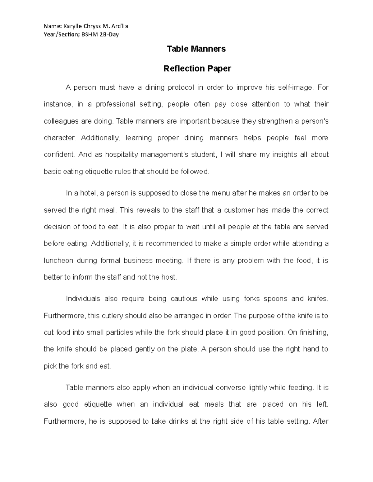 US -Table Manners Reflection Paper - Name: Karylle Chryss M. Arcilla ...