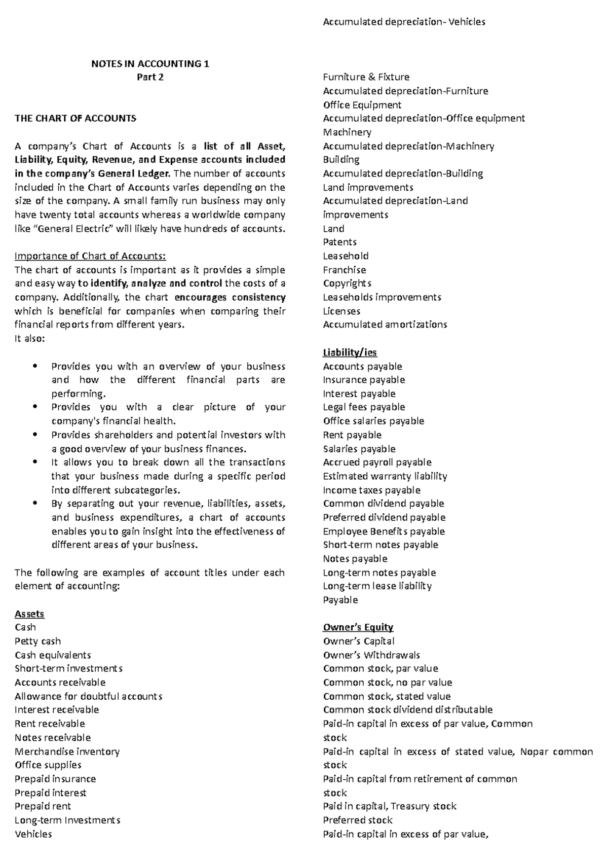 Notes in Accounting 1 Part 2 - NOTES IN ACCOUNTING 1 Part 2 THE CHART ...