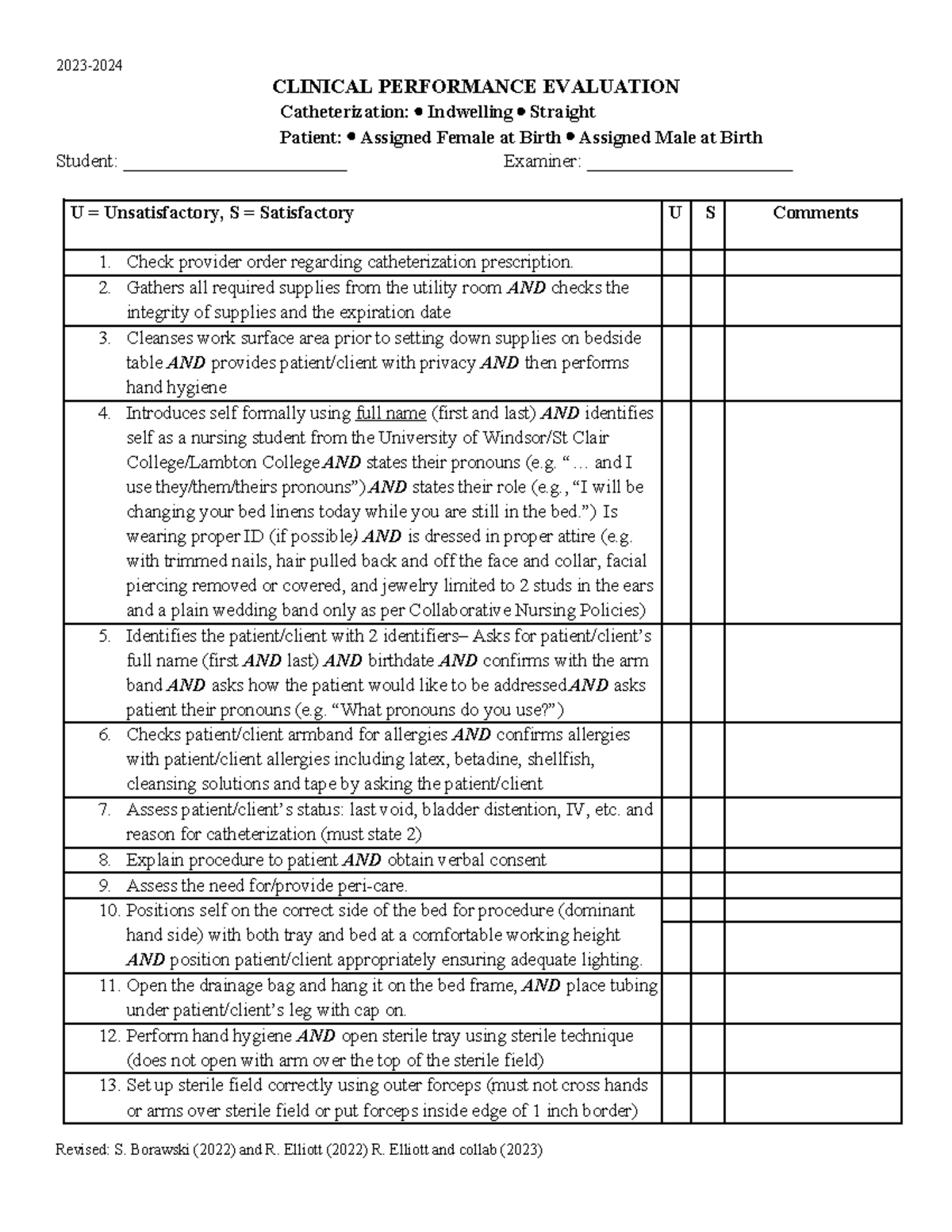 CPE Catheterization - NURS 2541 - 2023- CLINICAL PERFORMANCE EVALUATION ...