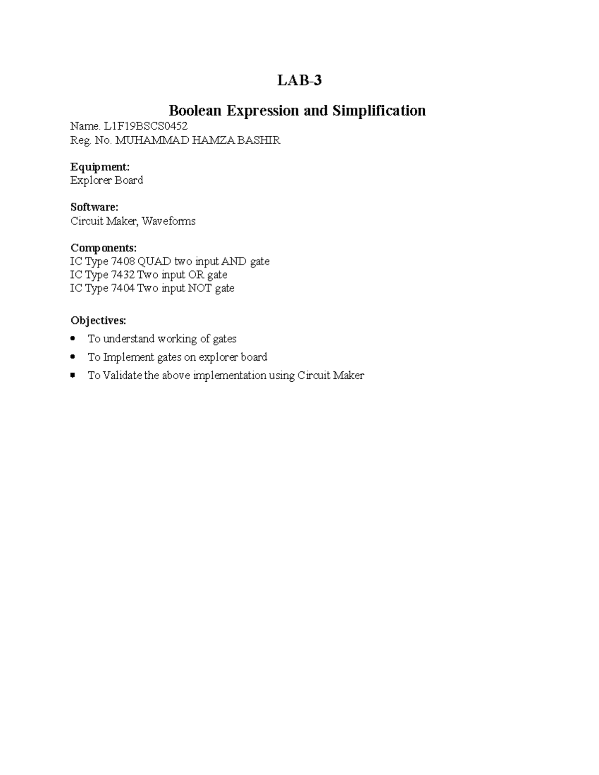 DLD LAB 3 - it was our digital electronic lab - LAB- Boolean Expression and Simplification Name ...