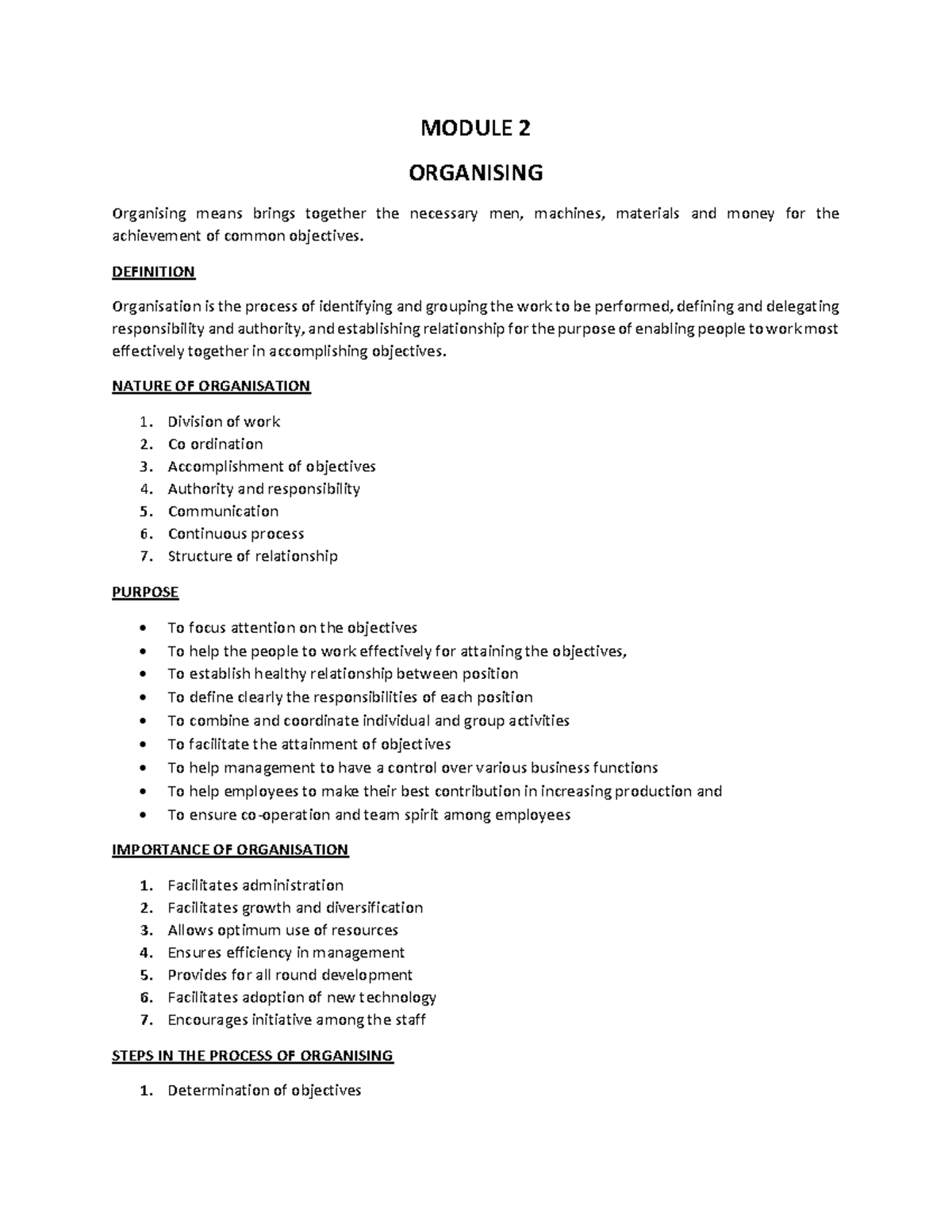 Organising 1 - Study note - MODULE 2 ORGANISING Organising means brings ...