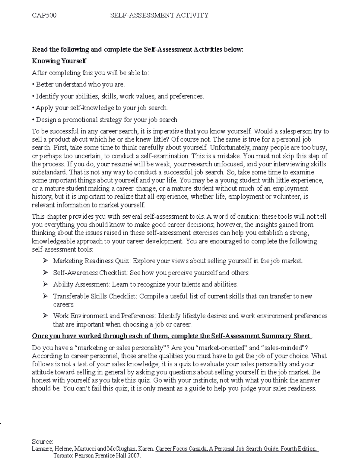 Self Assessment Activity - Read the following and complete the Self ...