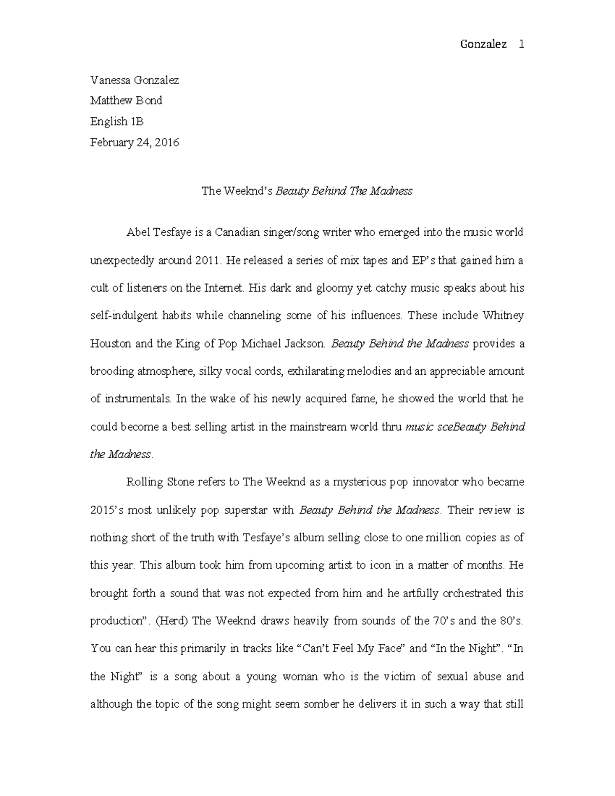 Album Review - Notes - Vanessa Gonzalez Matthew Bond English 1B ...