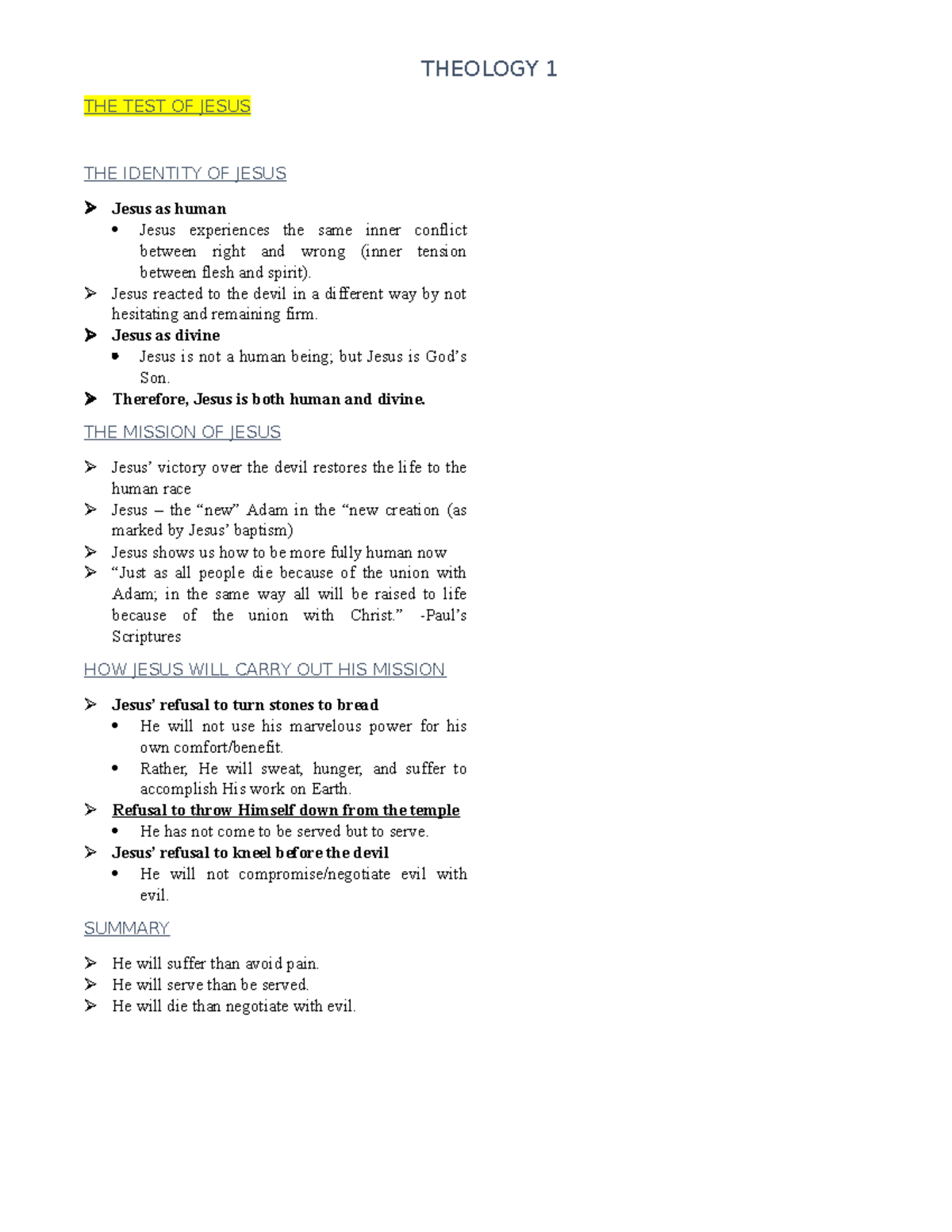 THEO1 Testofjesus Notes - THEOLOGY 1 THE TEST OF JESUS THE IDENTITY OF ...