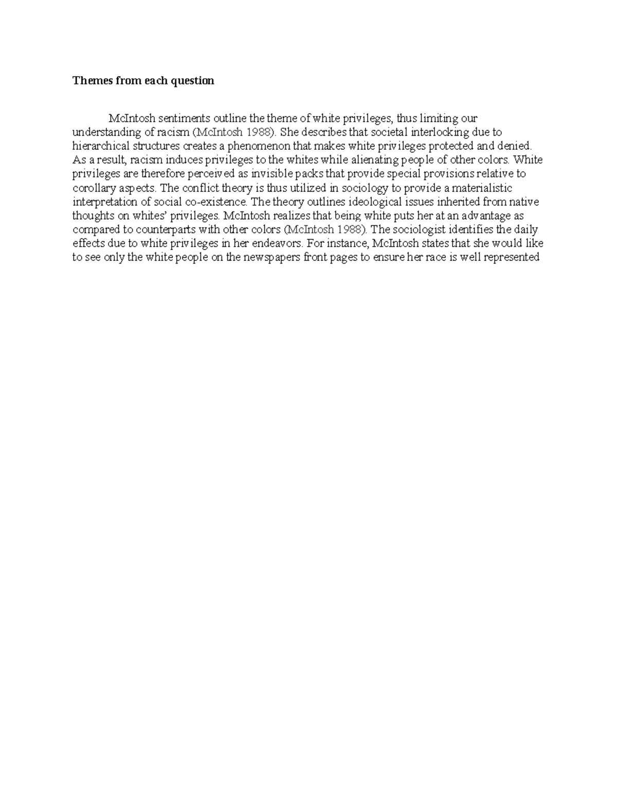 Themes from each question - Themes from each question McIntosh ...