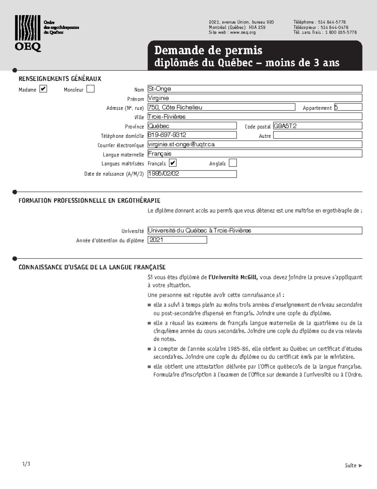 Formulaire - Notes - RENSEIGNEMENTS GÉNÉRAUX Madame Monsieur Nom Prénom ...