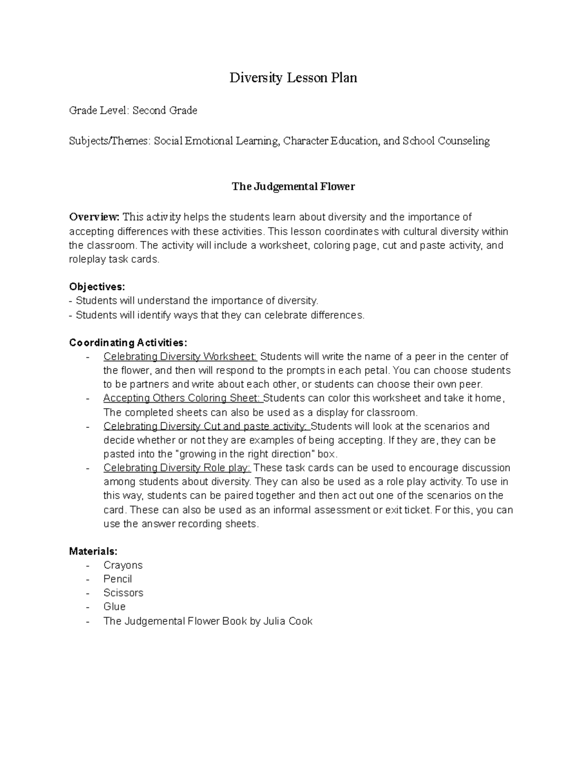 Diversity Lesson Plan - Diversity Lesson Plan Grade Level: Second Grade ...
