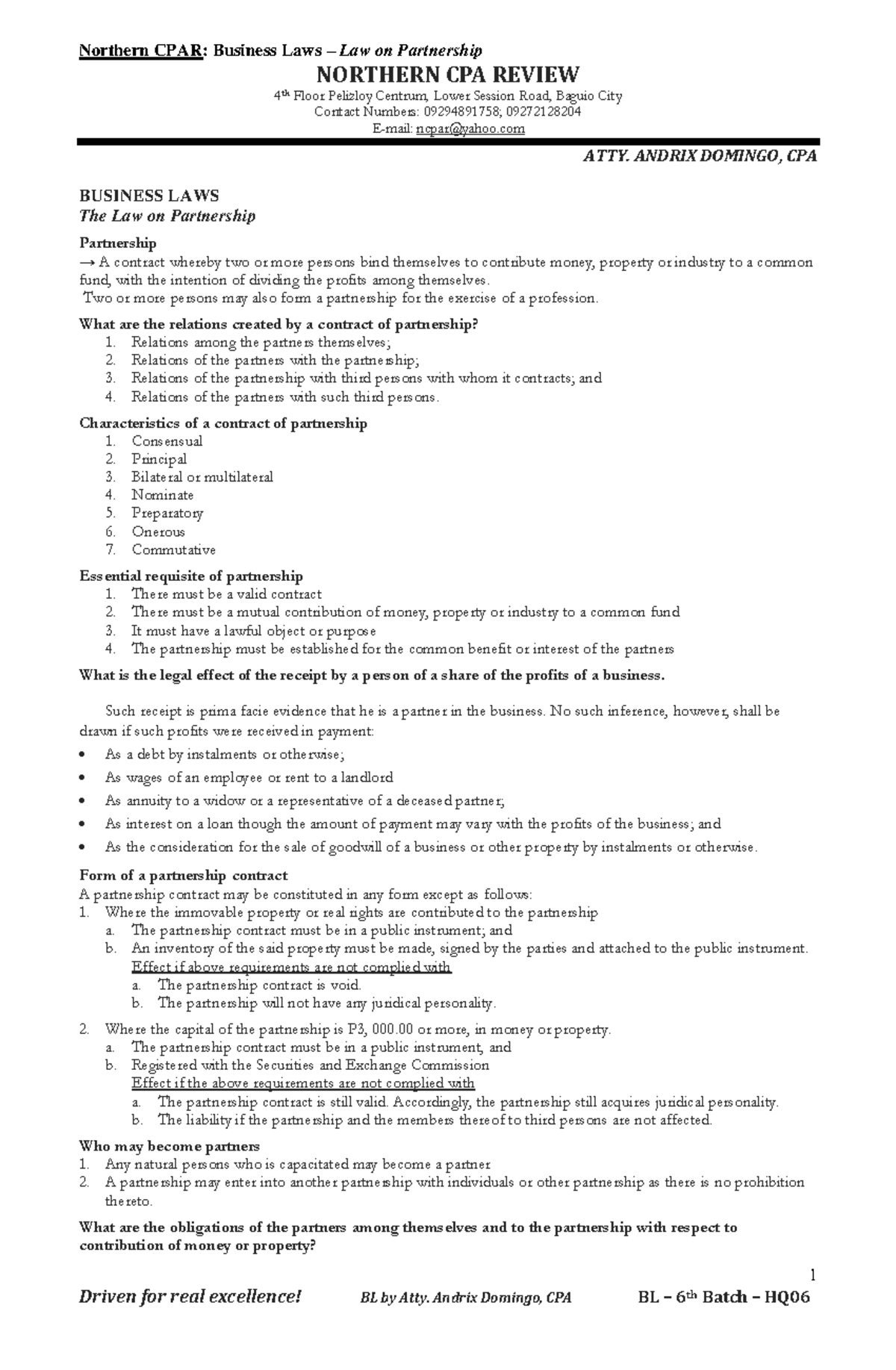 Notes to business law - 1 NORTHERN CPA REVIEW 4 th Floor Pelizloy ...