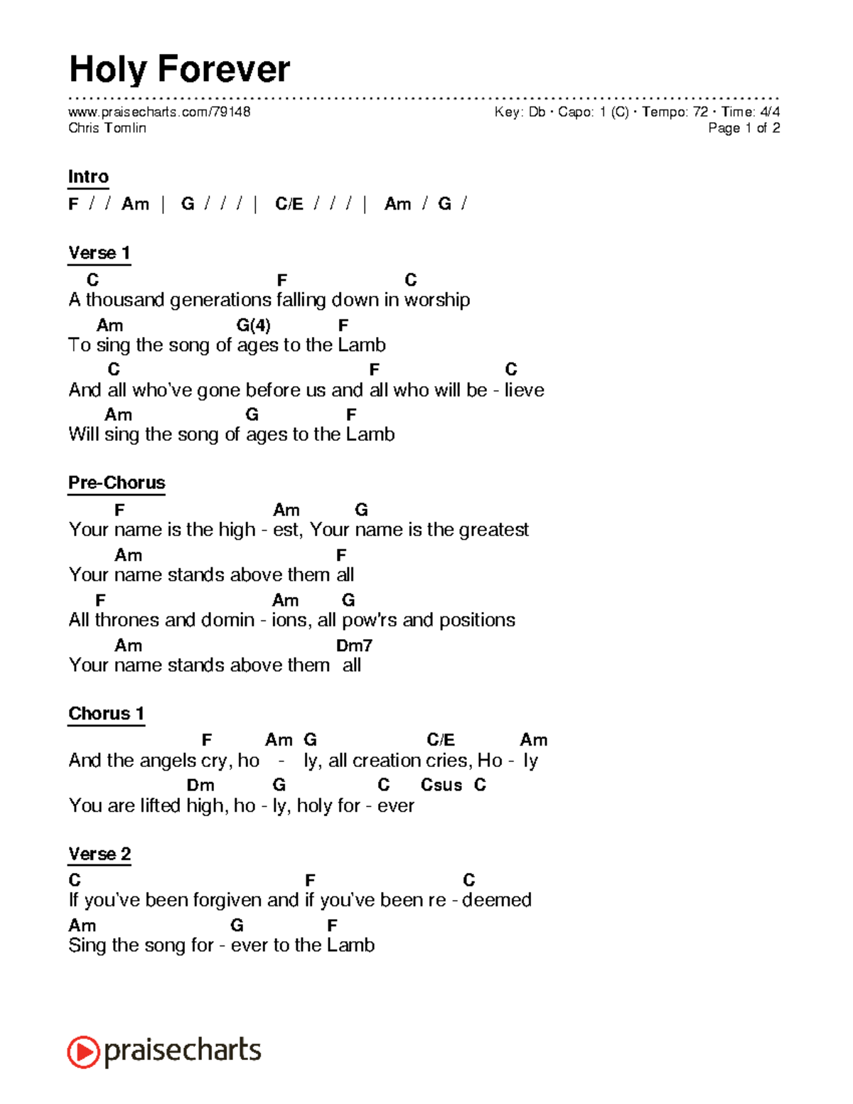 Holy Forever (Chris Tomlin) CAPO Chord Chart - Db - 1 Column Layout - A C thousand generations F ...