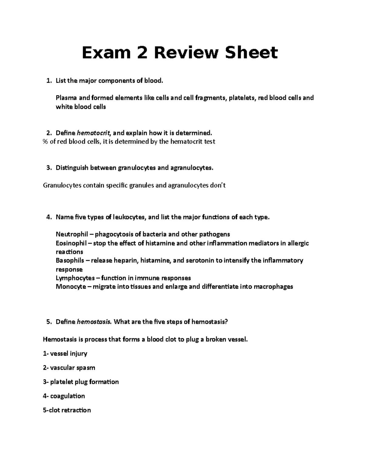 Exam 2 Review Sheet - Exam 2 Review Sheet List the major components of ...