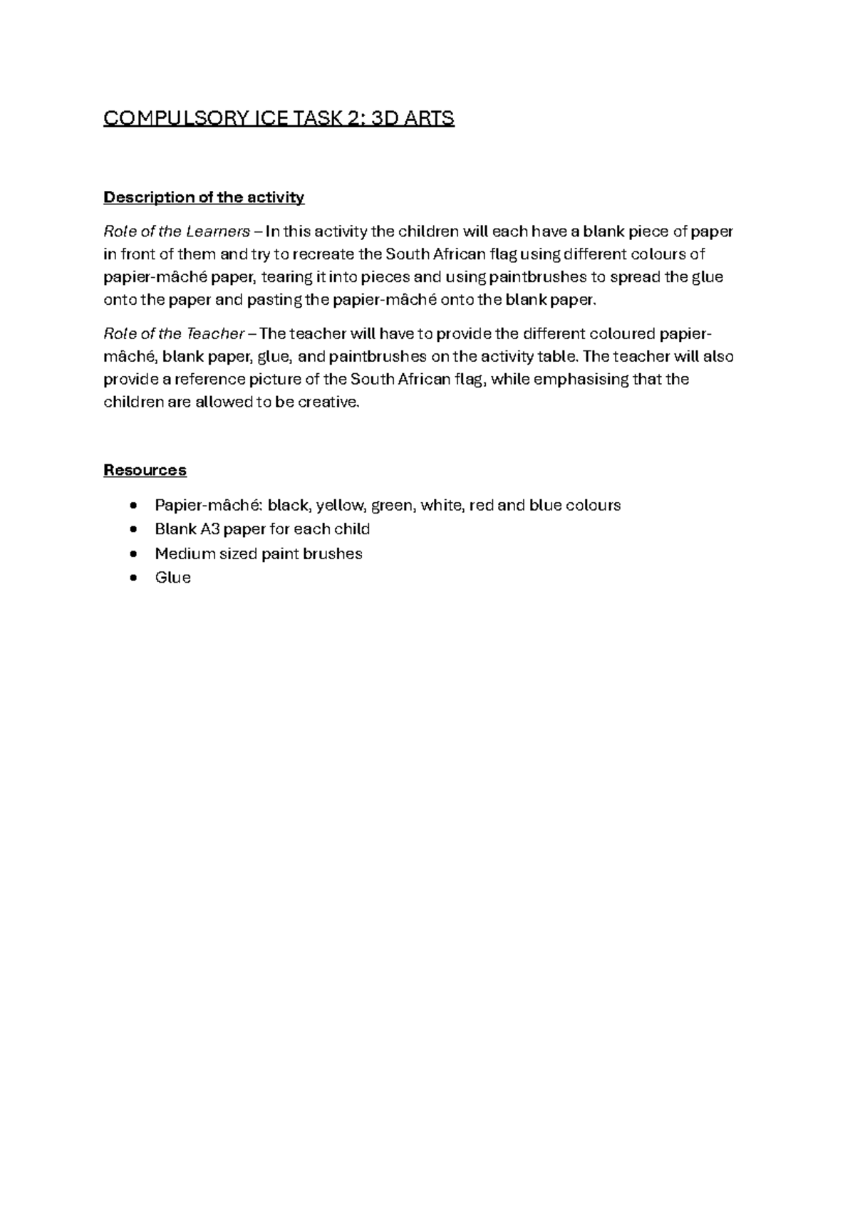 LSCA compulsory ice task 2 - COMPULSORY ICE TASK 2: 3D ARTS Description ...