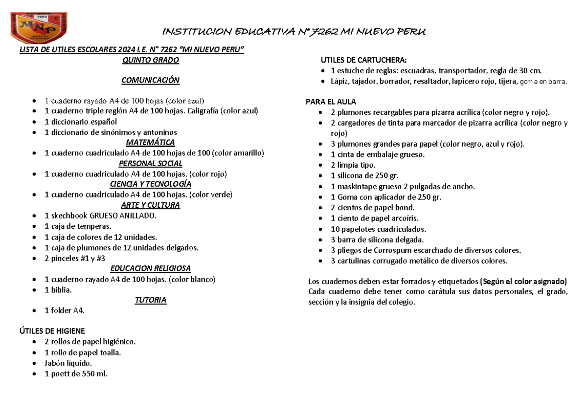 Lista DE Utiles 7262 - INSTITUCION EDUCATIVA N° 7262 MI NUEVO PERU LISTA DE UTILES ESCOLARES 202 ...